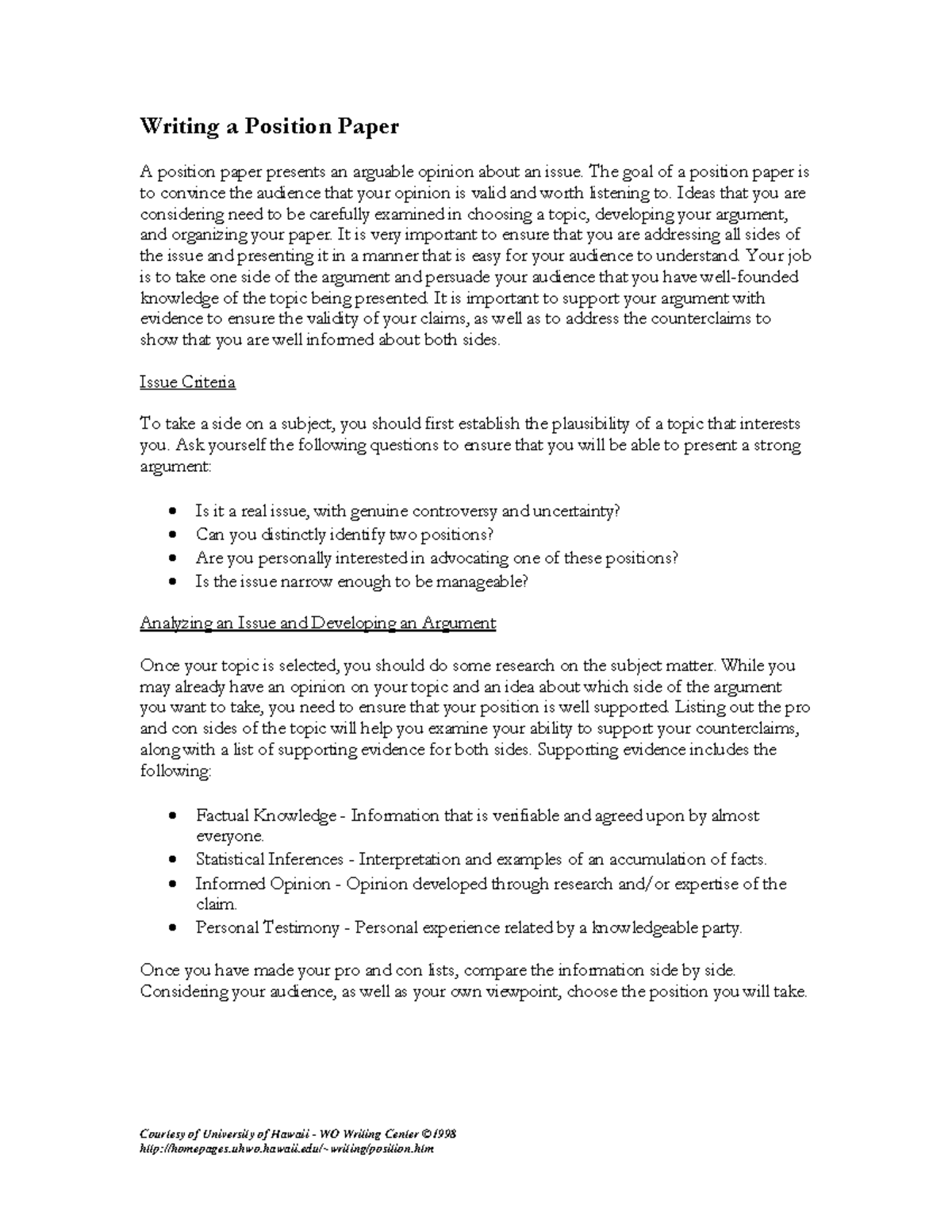 Writing a Position Paper - Courtesy of University of Hawaii - WO ...