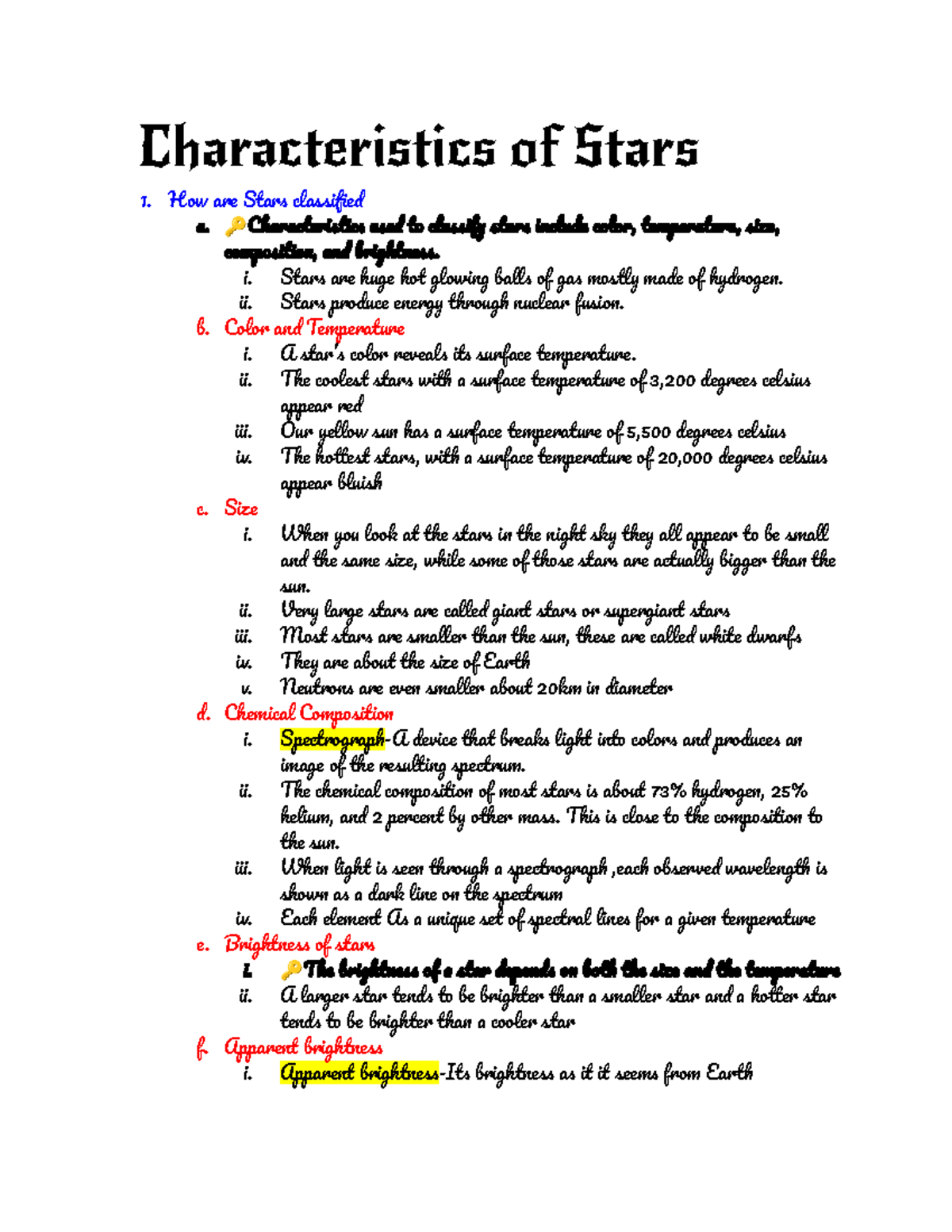 16.3 notes - Characteristics of Stars - Characteristics of Stars H o ar ...