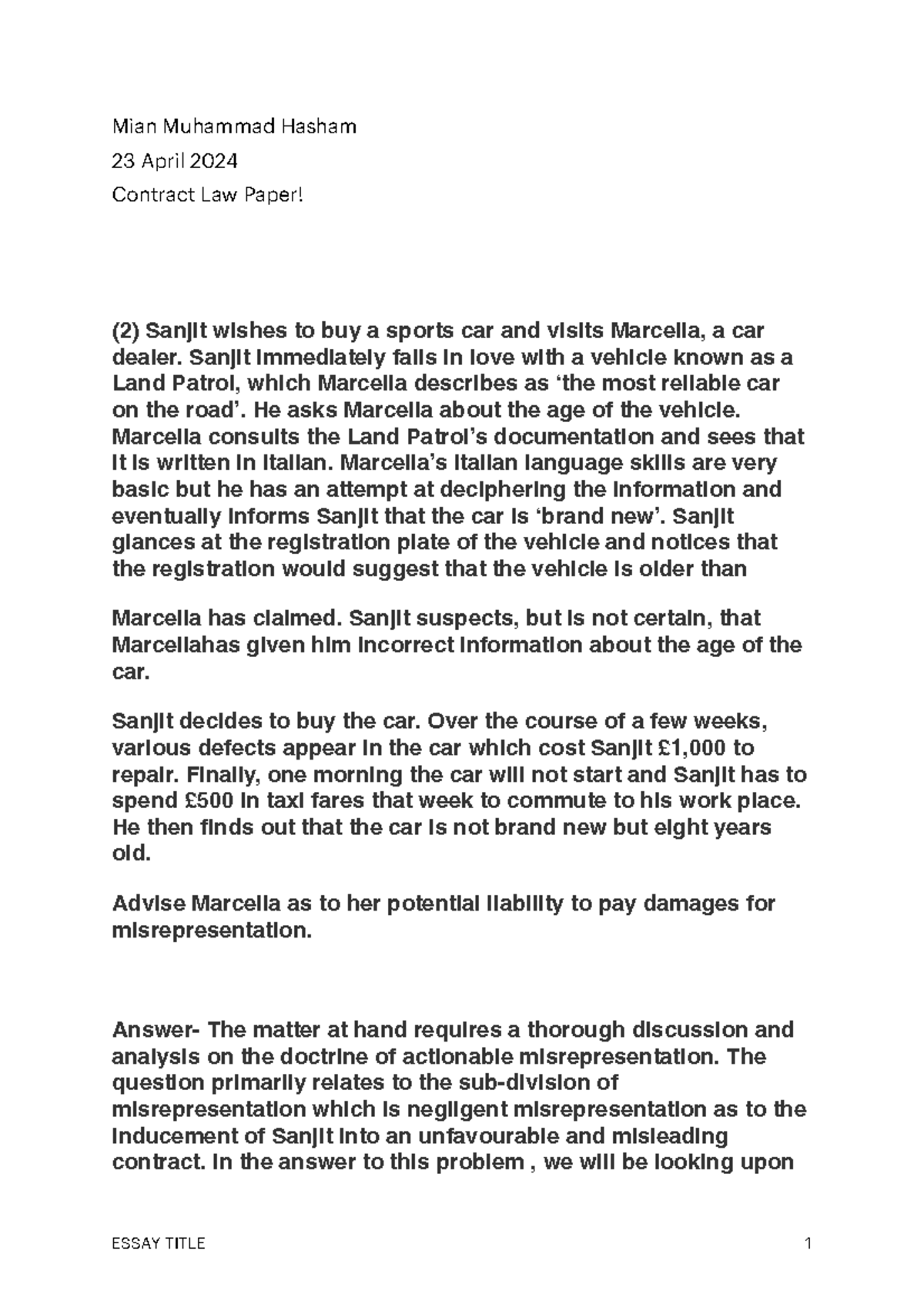 Past paper 1 - Mian Muhammad Hasham 23 April 2024 Contract Law Paper ...