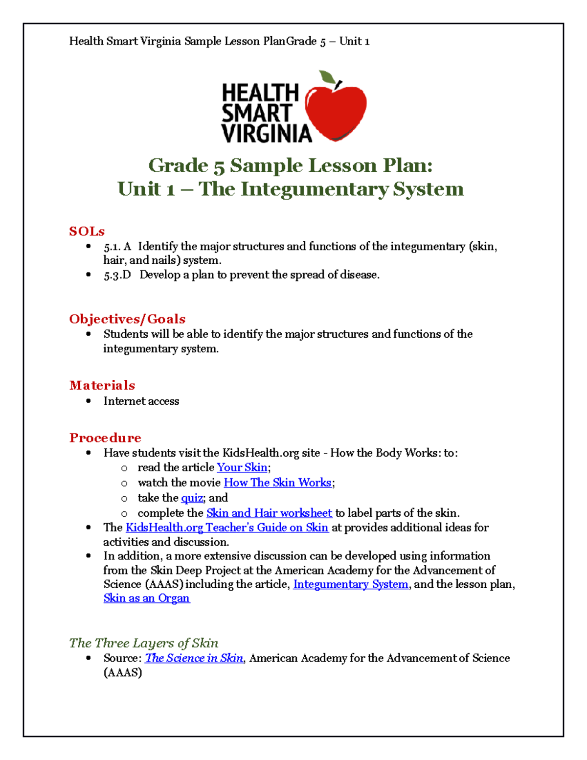 Gr5 bod 1 integumentary system - Health Smart Virginia Sample Lesson ...