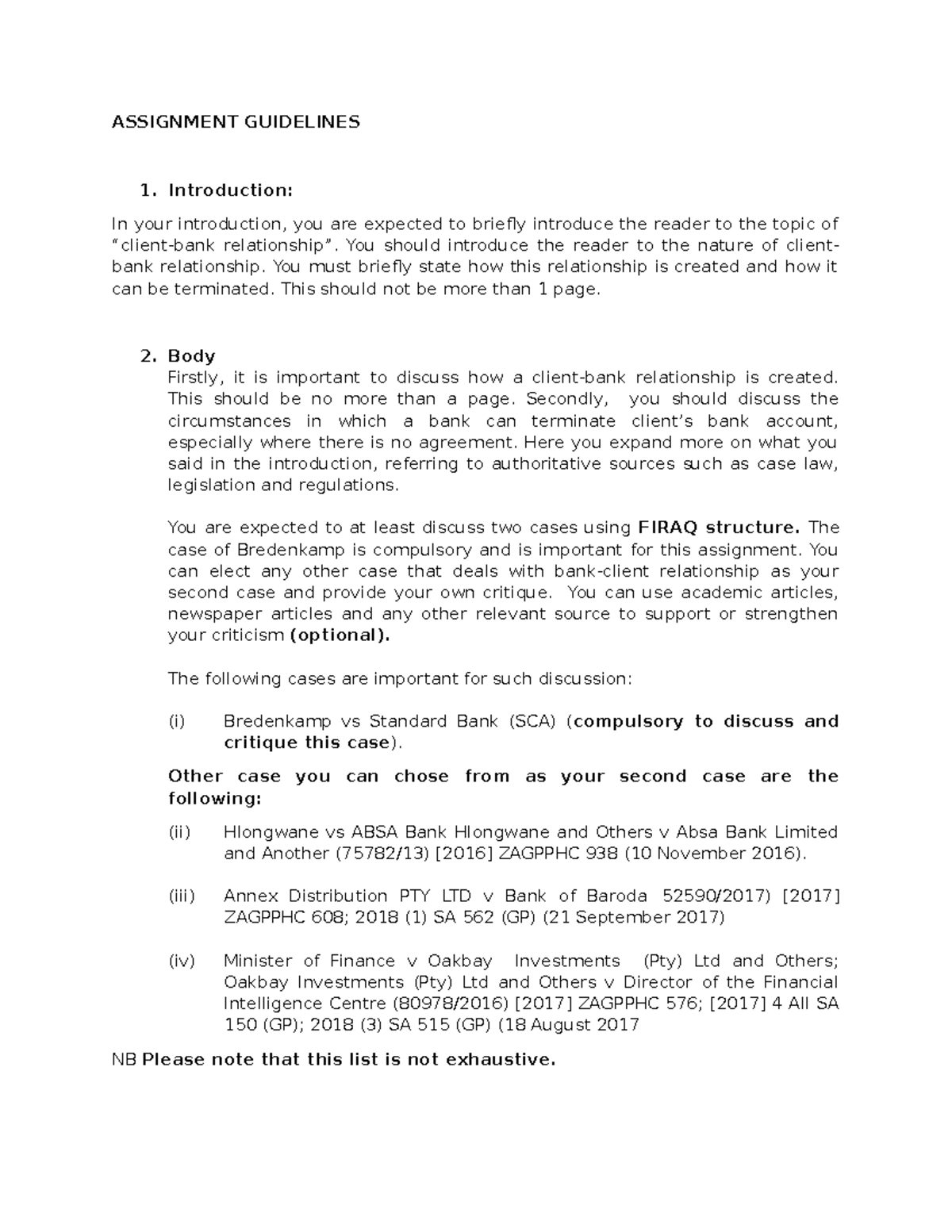 Assignment Guidelines - ASSIGNMENT GUIDELINES Introduction: In your ...