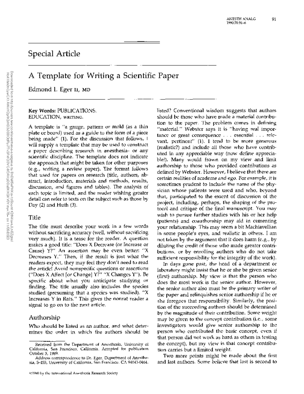 A template for writing a scientific paper - ANESTH ANALG 91 1990;70 ...