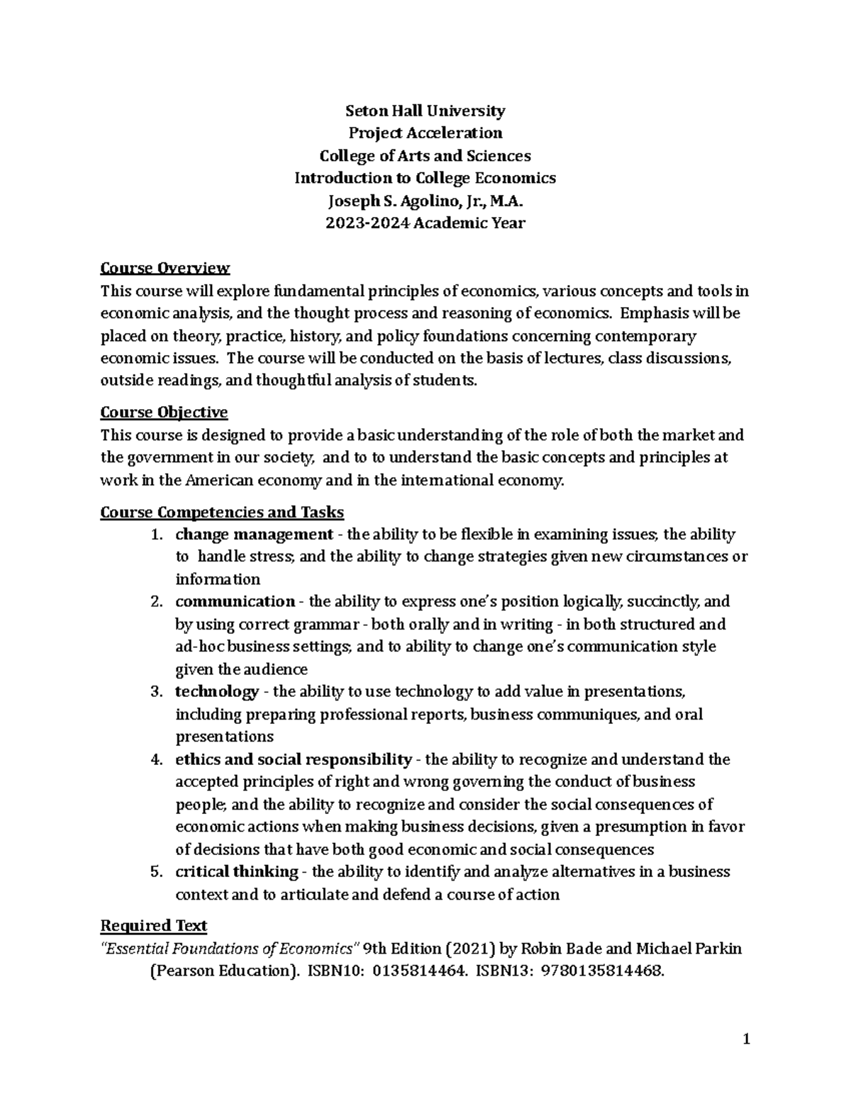 Seton Hall University Introduction to Economics - Seton Hall University ...