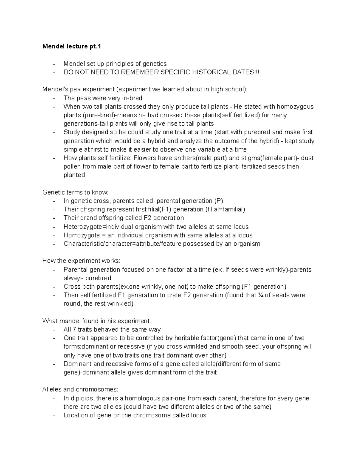Bio notes - Mendel lecture pt. - Mendel set up principles of genetics ...