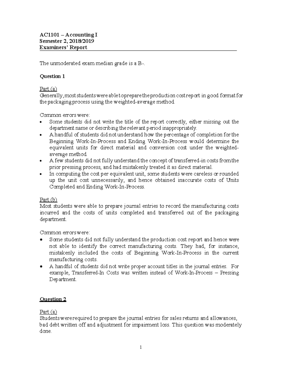 Exam 2018, questions and answers - AC1101 – Accounting I Semester 2 ...