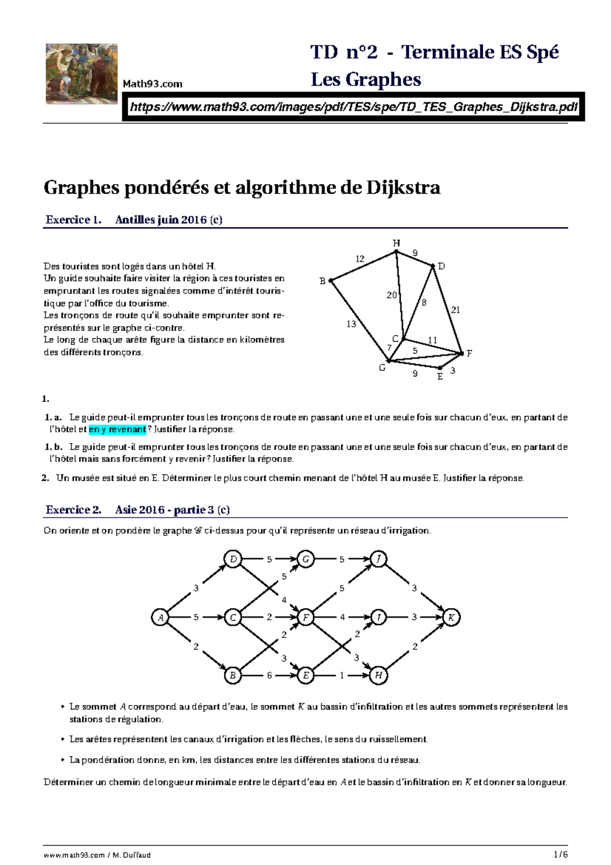 Exercices n'2 de la méthode dijikstra - TD n°2 - Terminale ES Spé Les Graphes Les exercices ...
