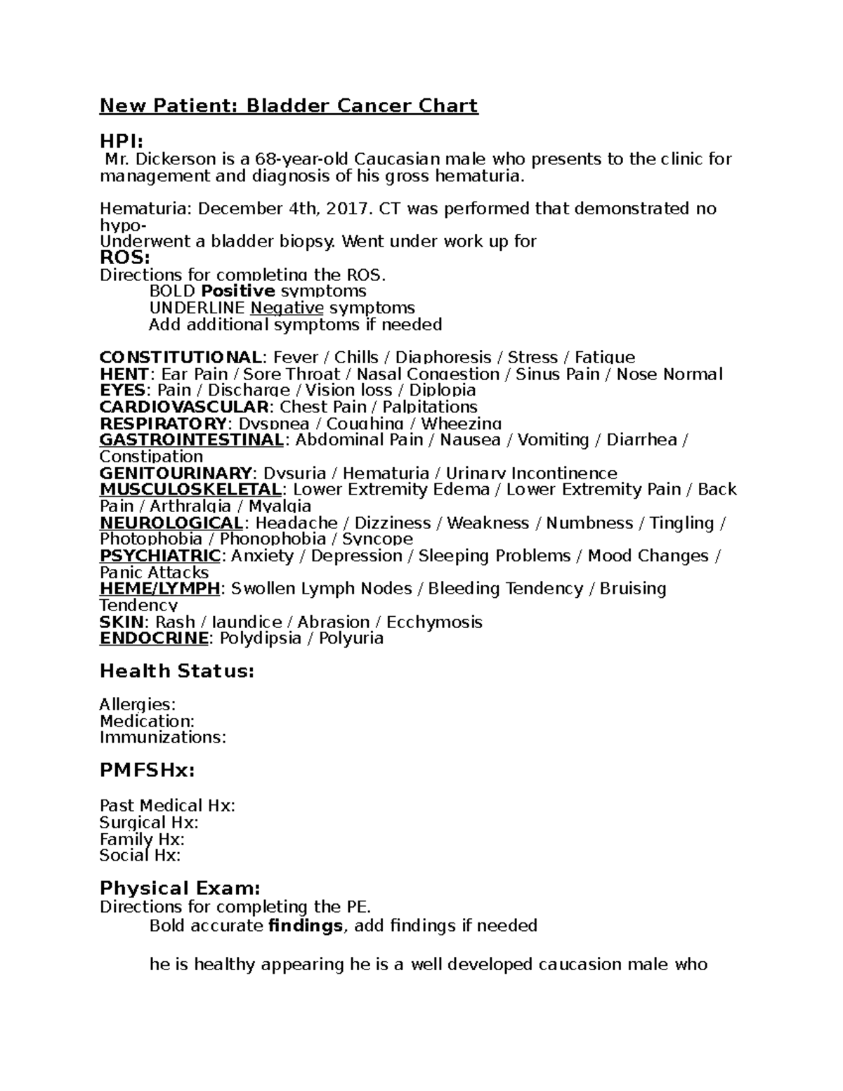 New Patient Bladder Cancer Chart - New Patient: Bladder Cancer Chart ...