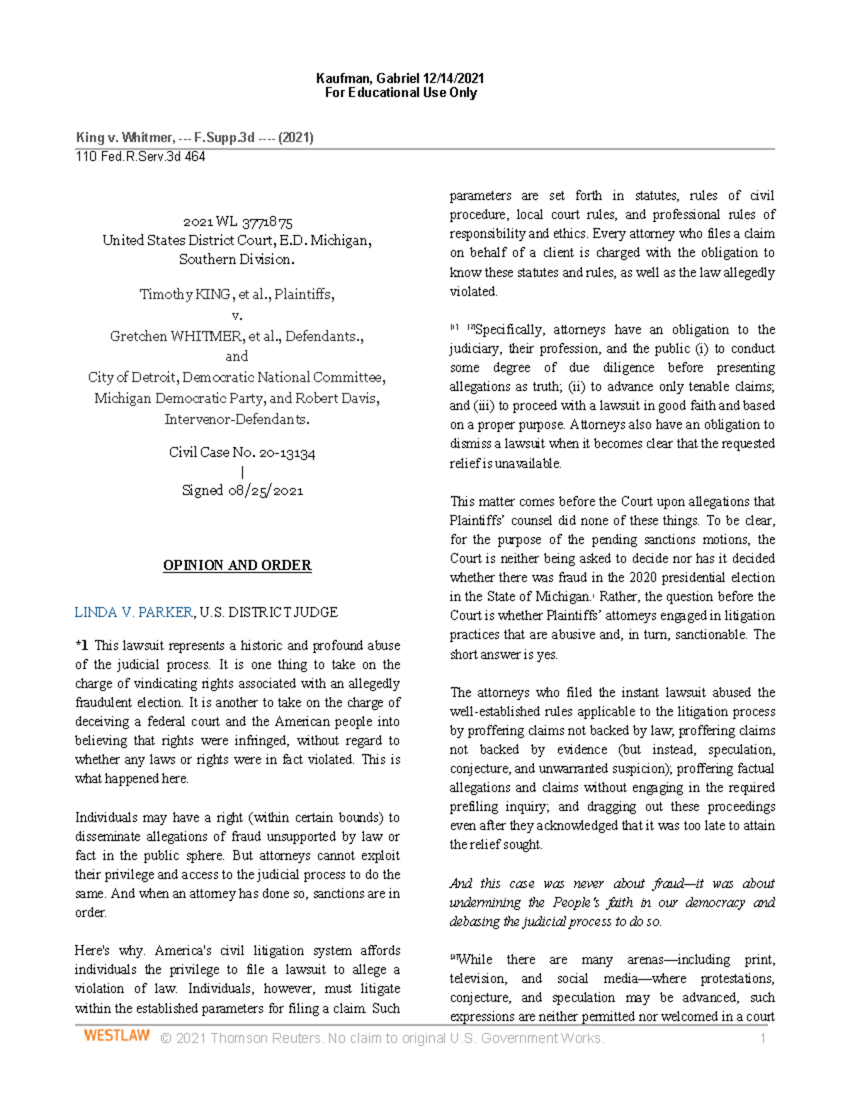 Kingv Whitmer - For Educational Use Only King v. Whitmer, - F.Supp ...
