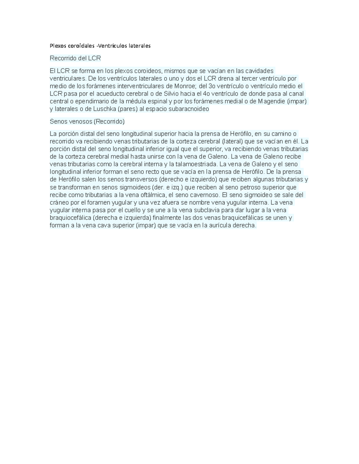 Notas lcr y senos venosos - Plexos coroidales -Ventrículos laterales ...