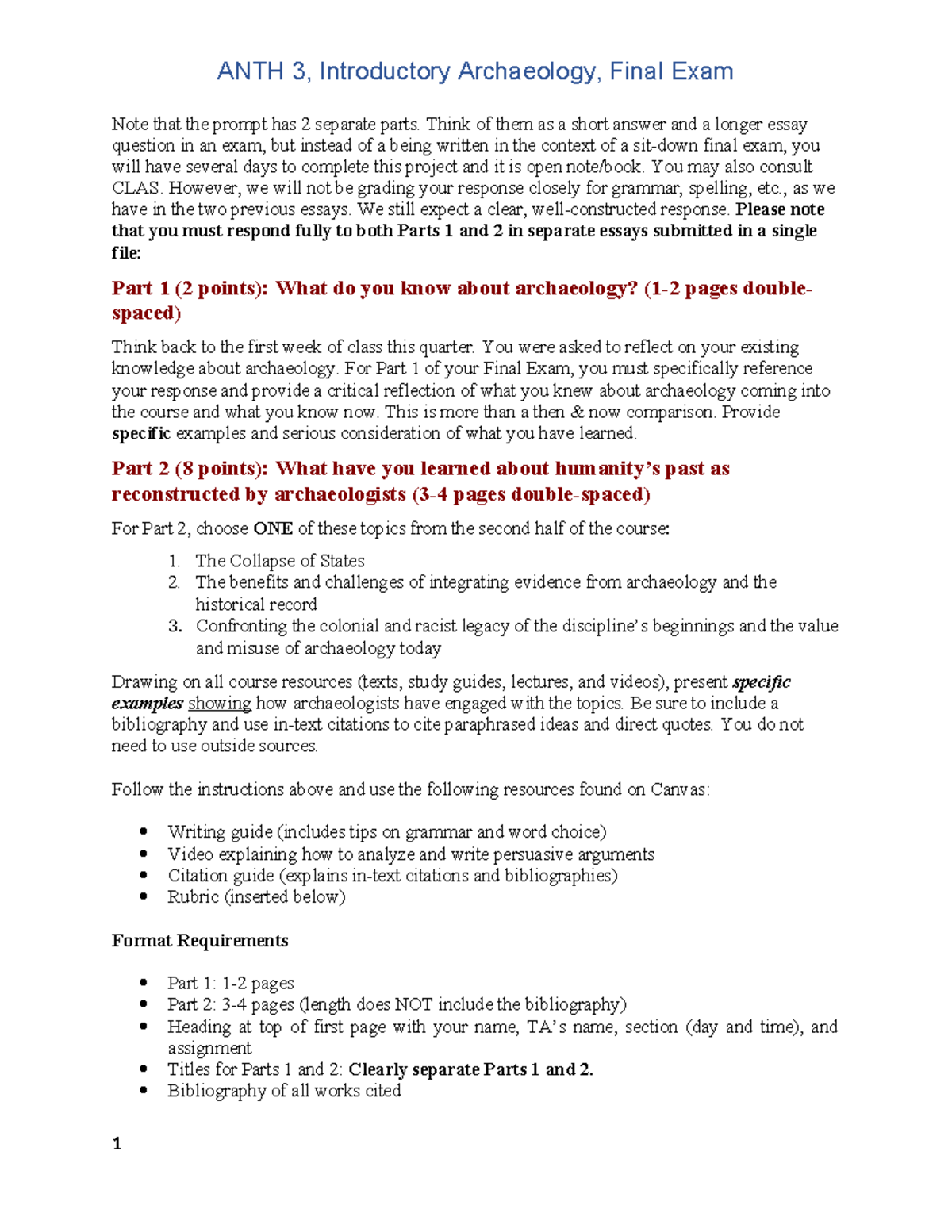 Anth3 Final Exam Prompt 2023 - ANTH 3, Introductory Archaeology, Final ...