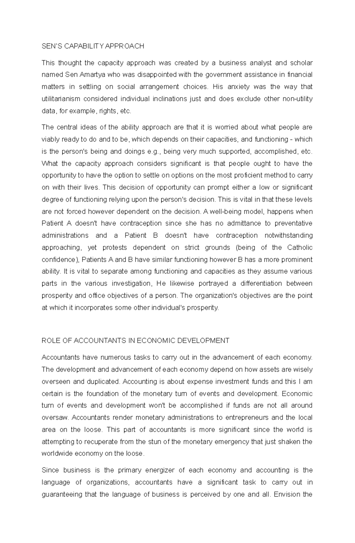 SEN - Lecture notes 2 - SEN’S CAPABILITY APPROACH This thought the ...