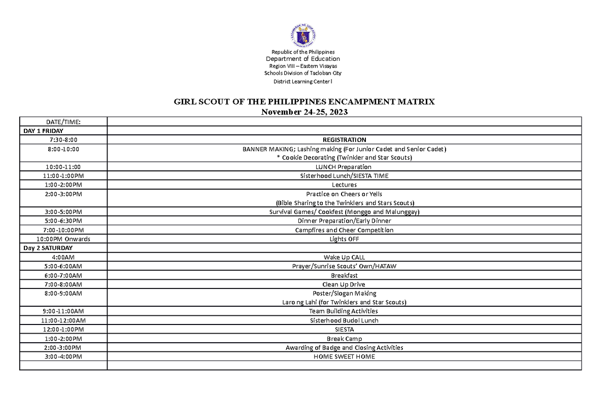 GSP encampment Matrix - PArt 2 Action Plan - Republic of the ...