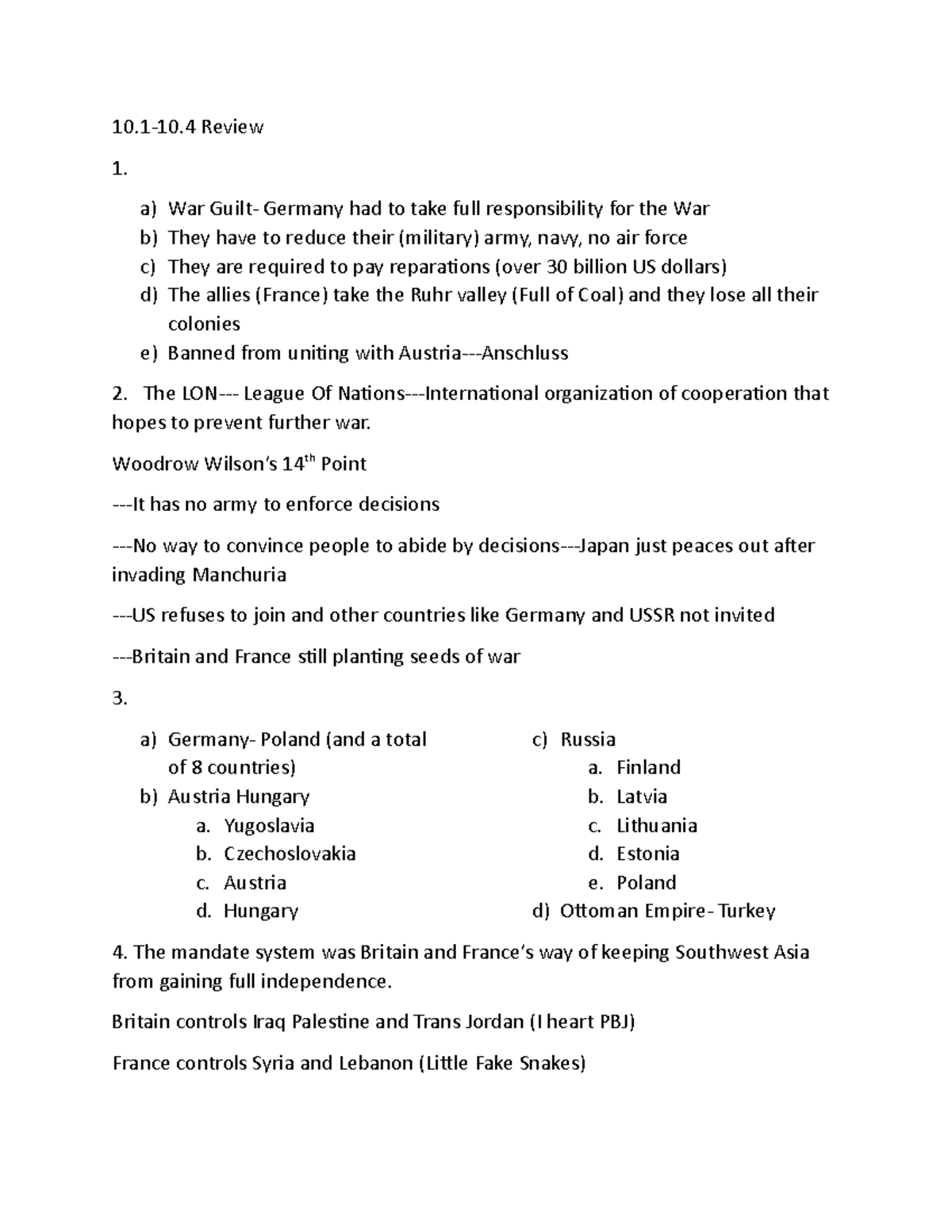 Interwar period review note set - 10.1-10 Review a) War Guilt- Germany ...