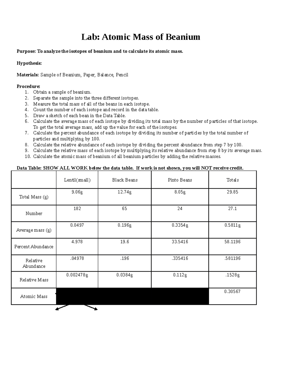 Copy of Beanium - 2013 - Lab: Atomic Mass of Beanium Purpose: To ...