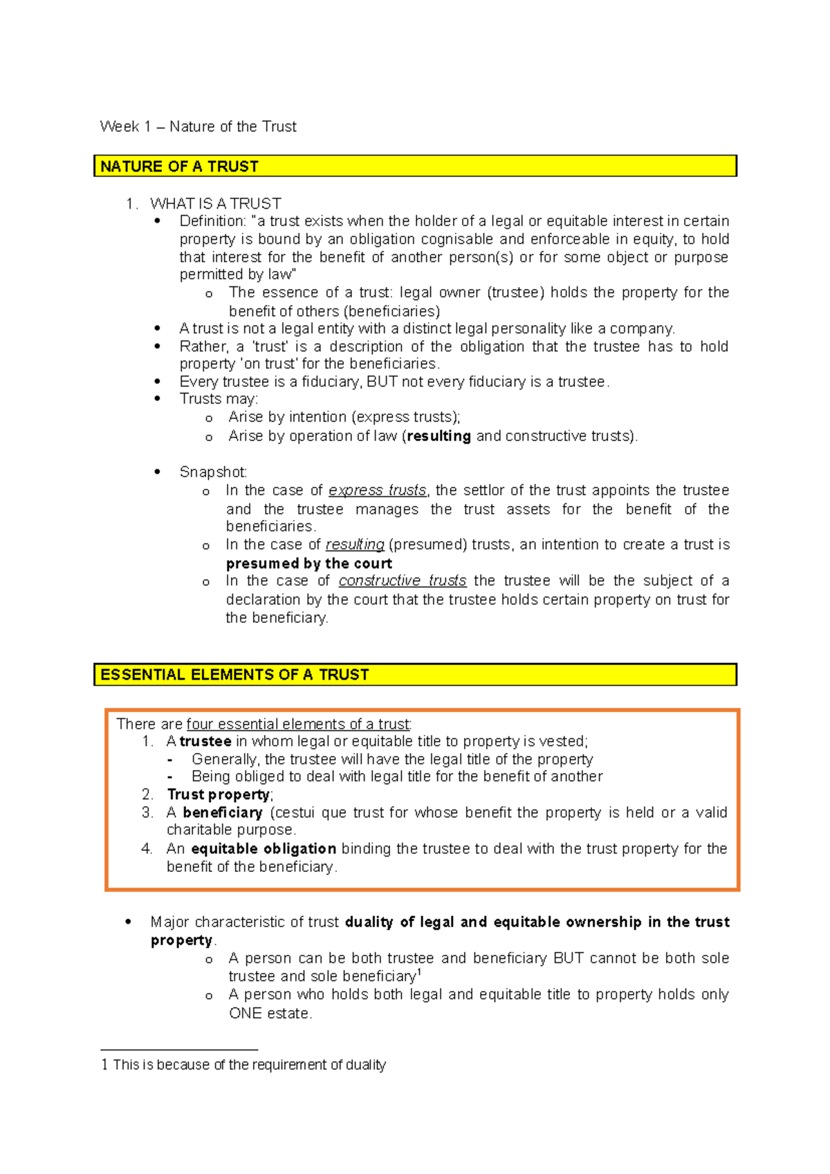 Trusts- Notes - Case summaries - NATURE OF A TRUST 1. WHAT IS A TRUST ...