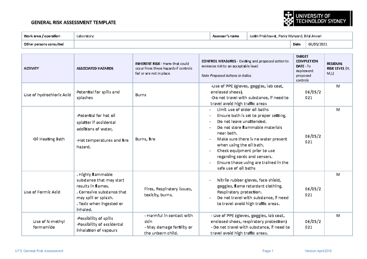 Major Assessment General Risk Assessment - GENERAL RISK ASSESSMENT ...