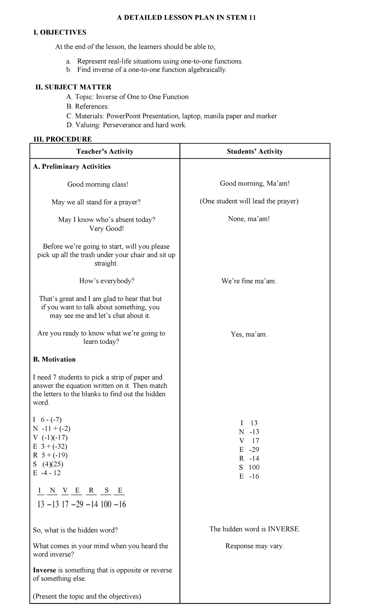 Inverse-of-One-to-One-Function - A DETAILED LESSON PLAN IN STEM 11 I ...