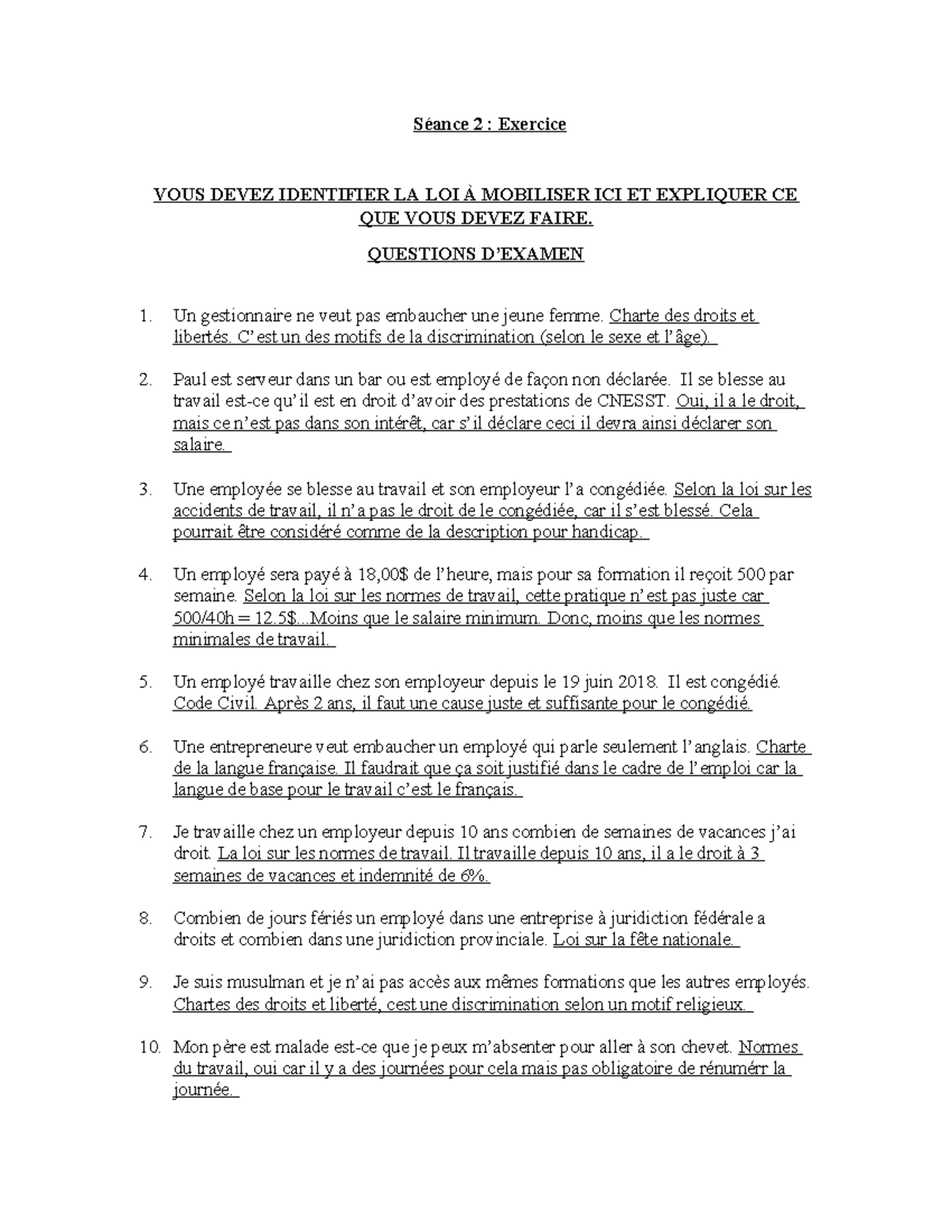 Exercice Séance 2 GRH - Séance 2 : Exercice VOUS DEVEZ IDENTIFIER LA LOI À MOBILISER ICI ET ...