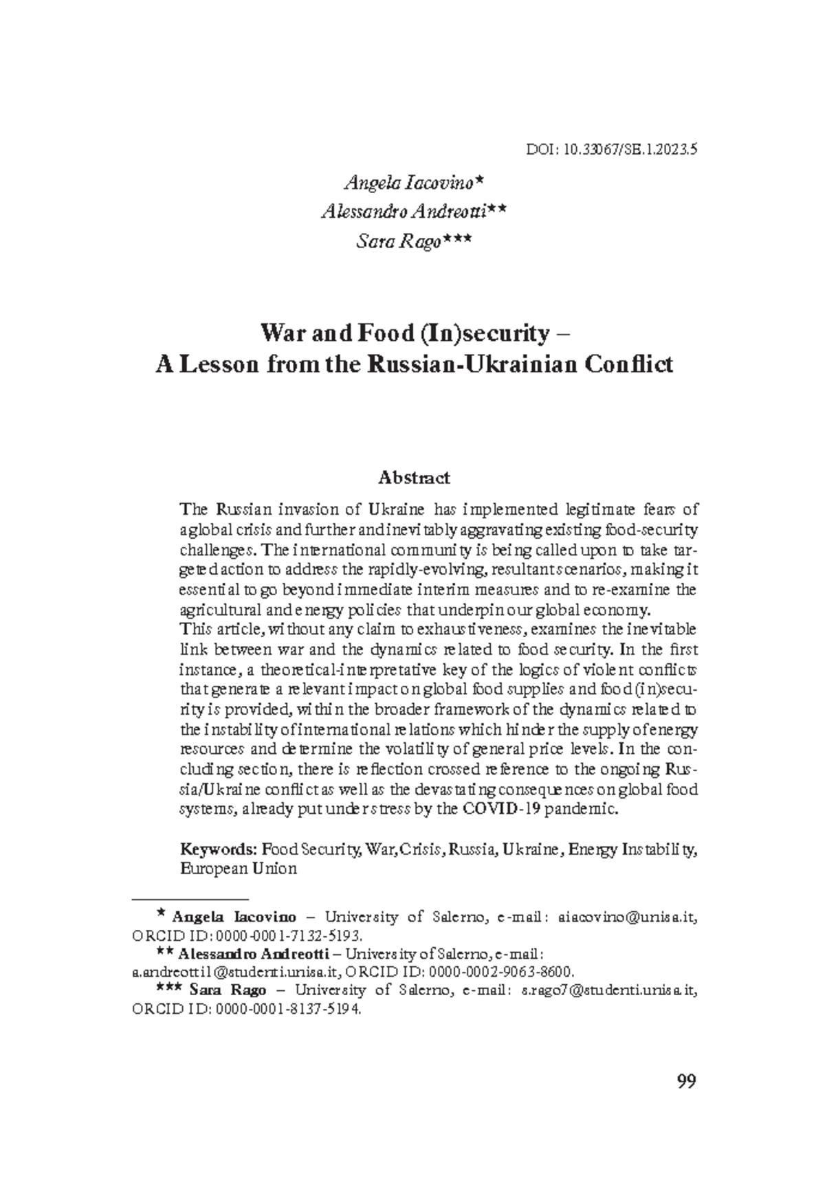 War and Food In security A Lesson from t - DOI: 10.33067/SE.1. Angela ...