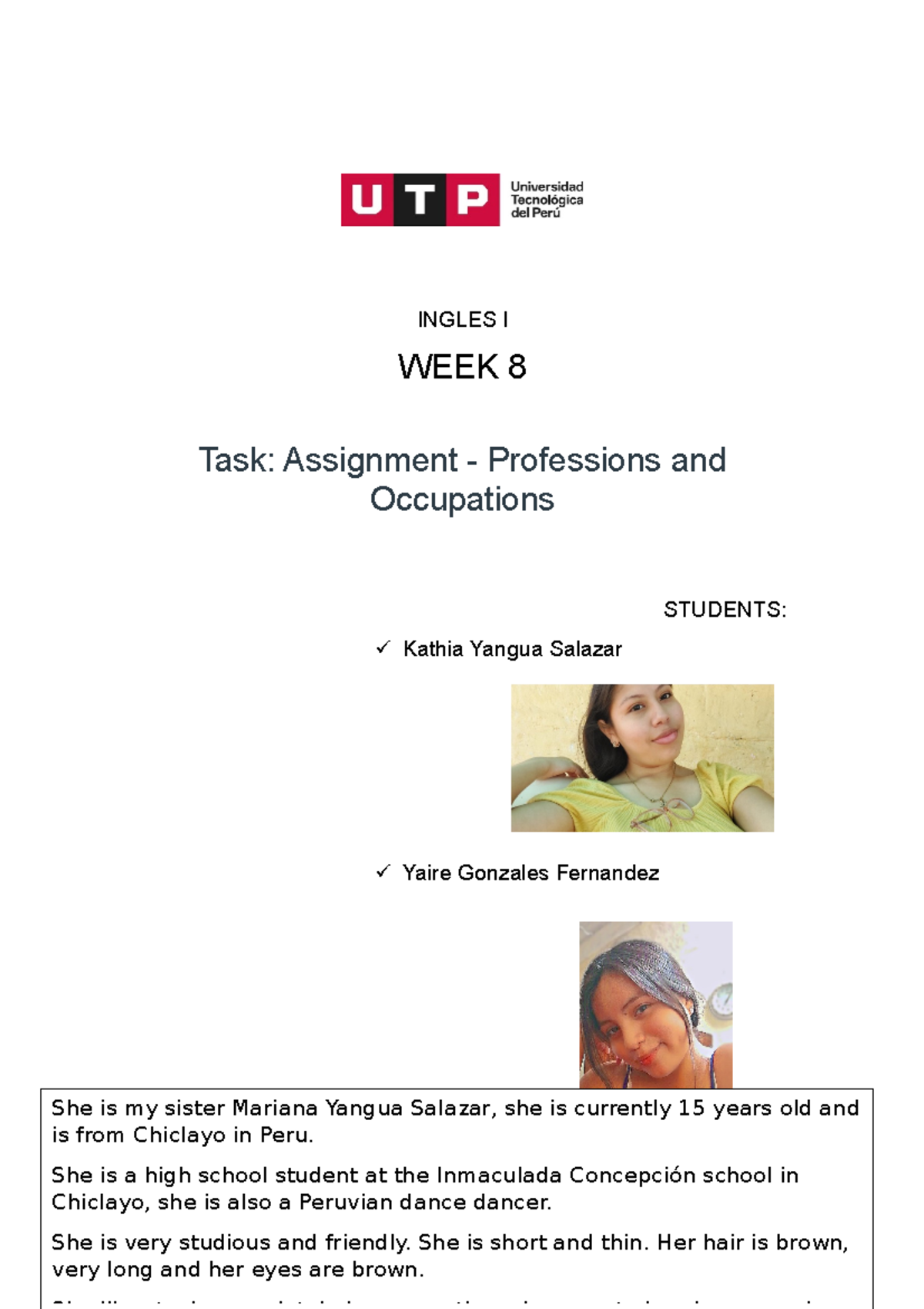 Ingles 1 semana 9 - aaaaaa - INGLES I WEEK 8 Task: Assignment - Professions and Occupations ...