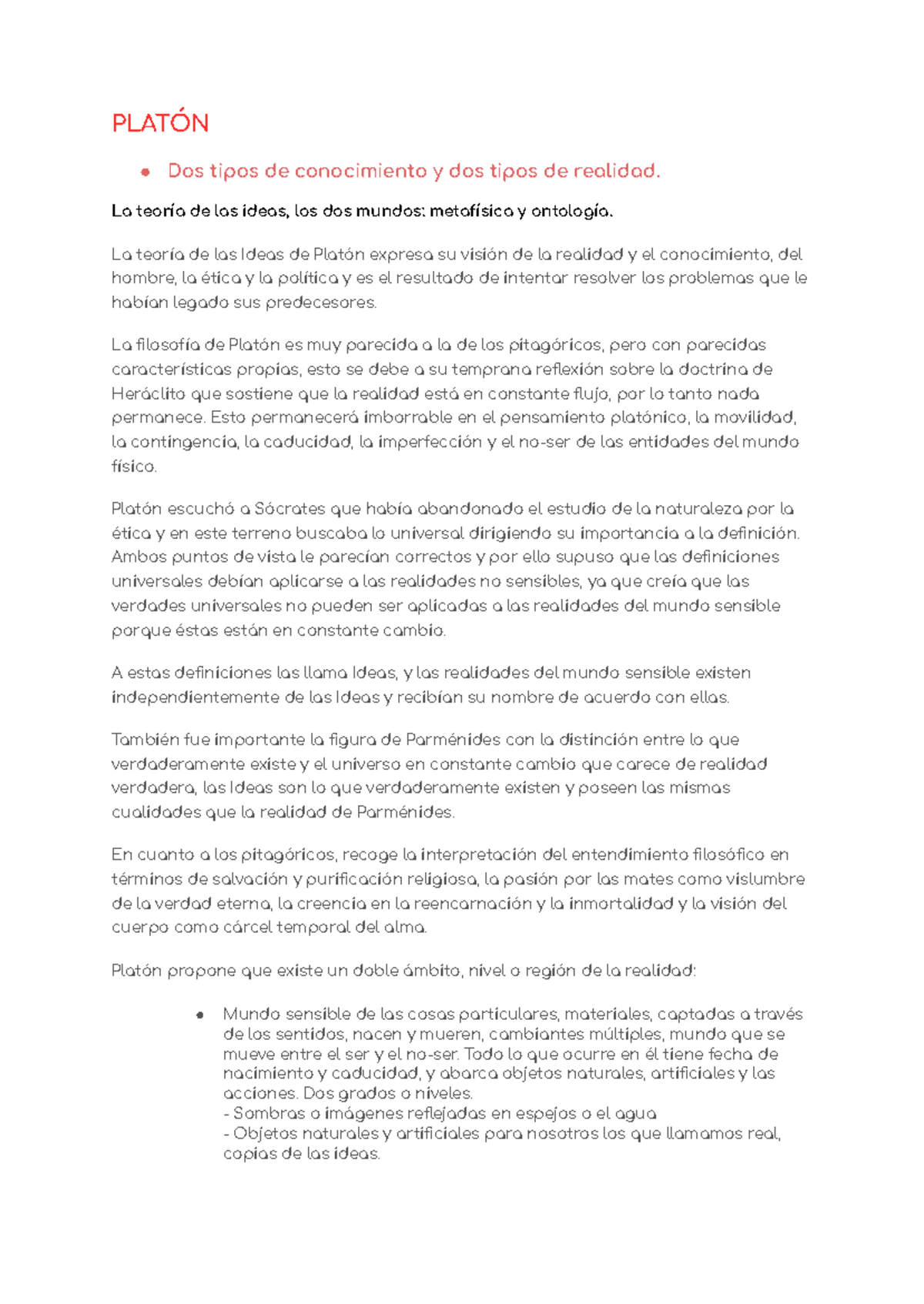 Platón - PLATÓN Dos tipos de conocimiento y dos tipos de realidad. La ...