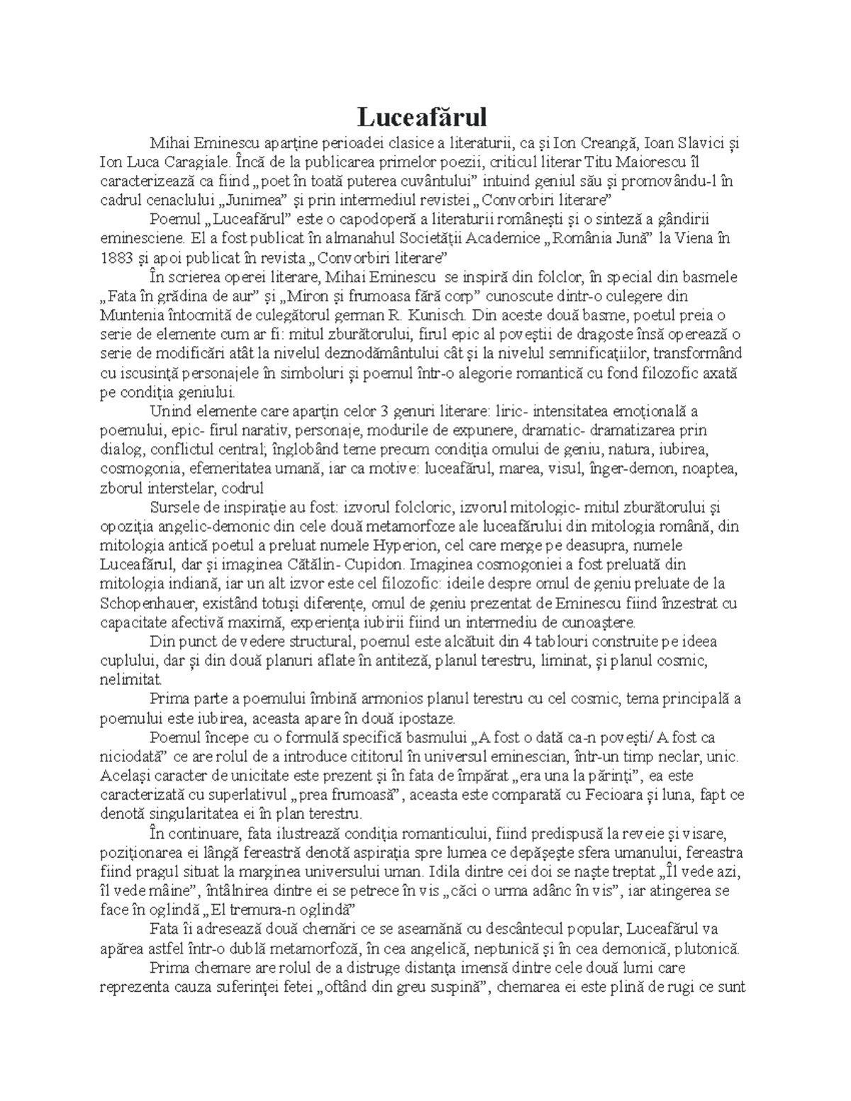 Luceafărul - eseu bac - Luceafărul Mihai Eminescu aparține perioadei ...
