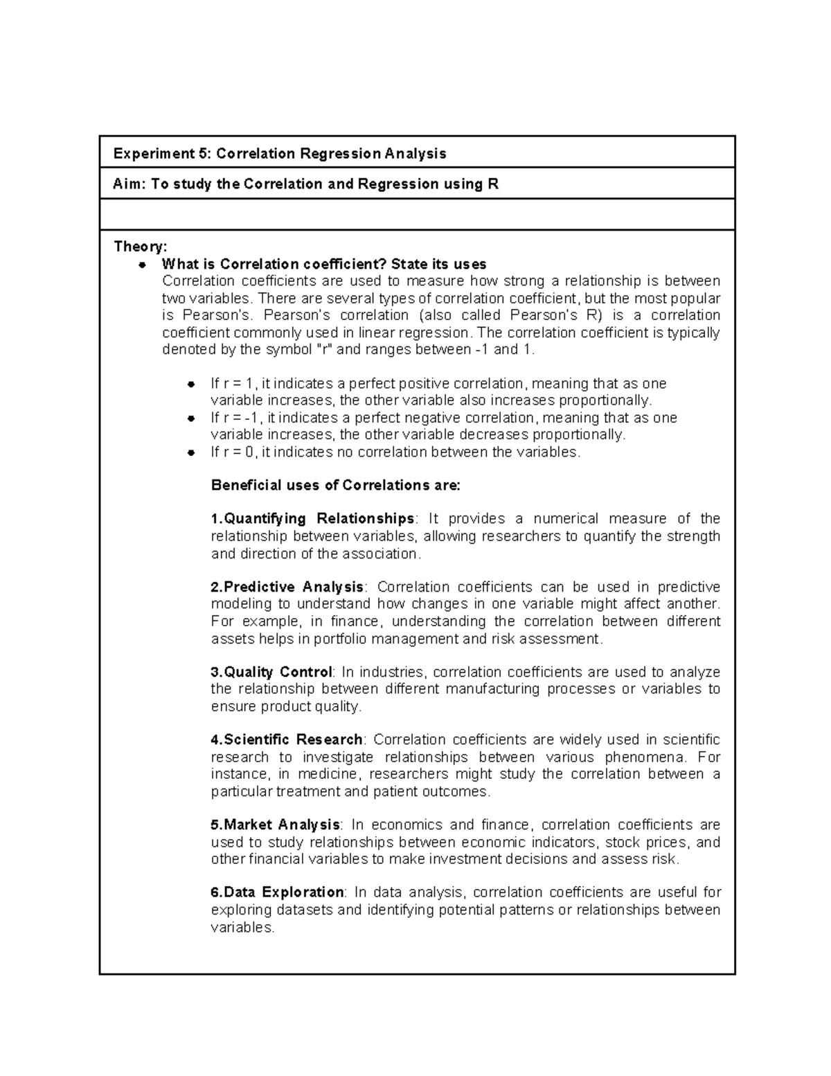 R Lab Exp5-merged - Experiment 5: Correlation Regression Analysis Aim: To study the Correlation ...