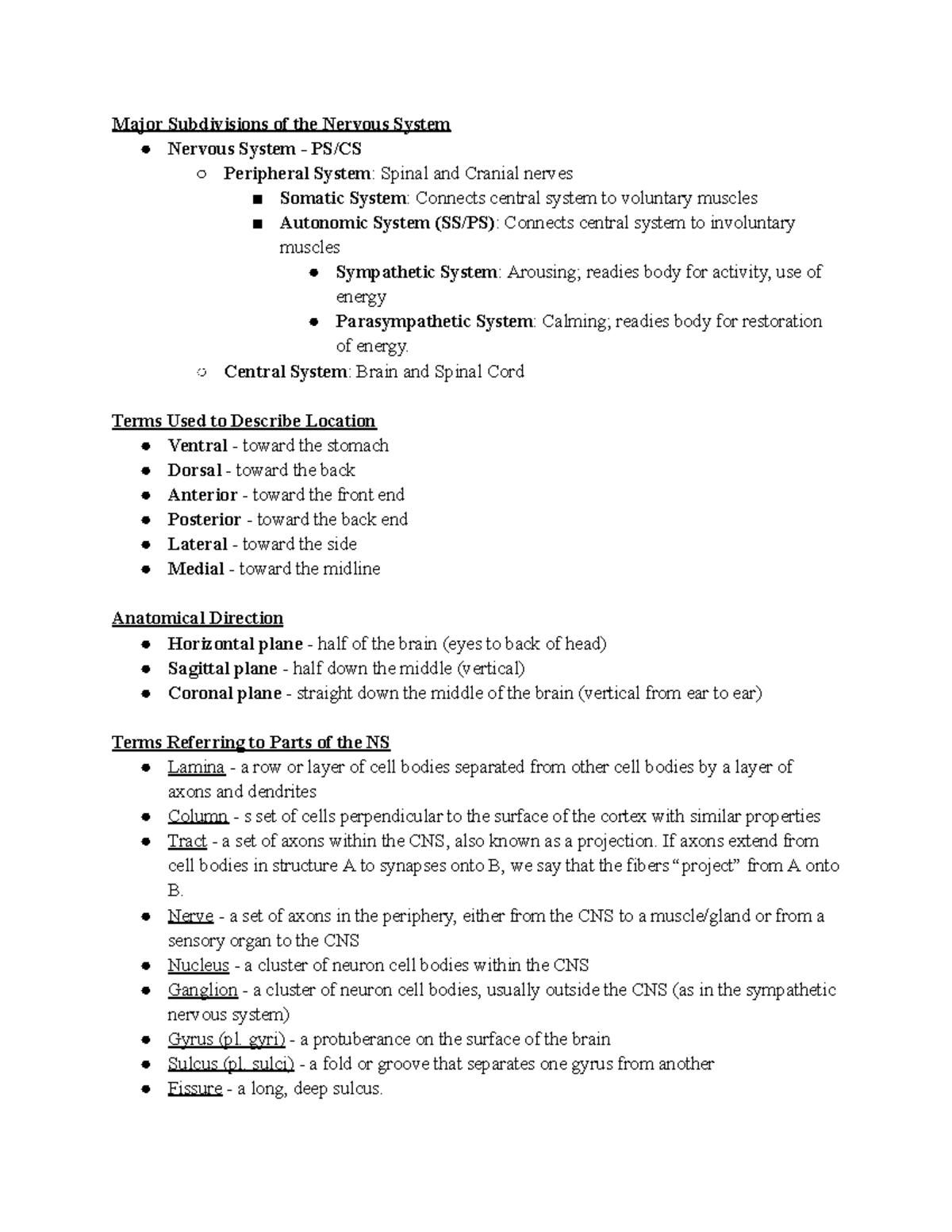PSYC427 Chapter 3 Anatomy of the Nervous System - Major Subdivisions of ...