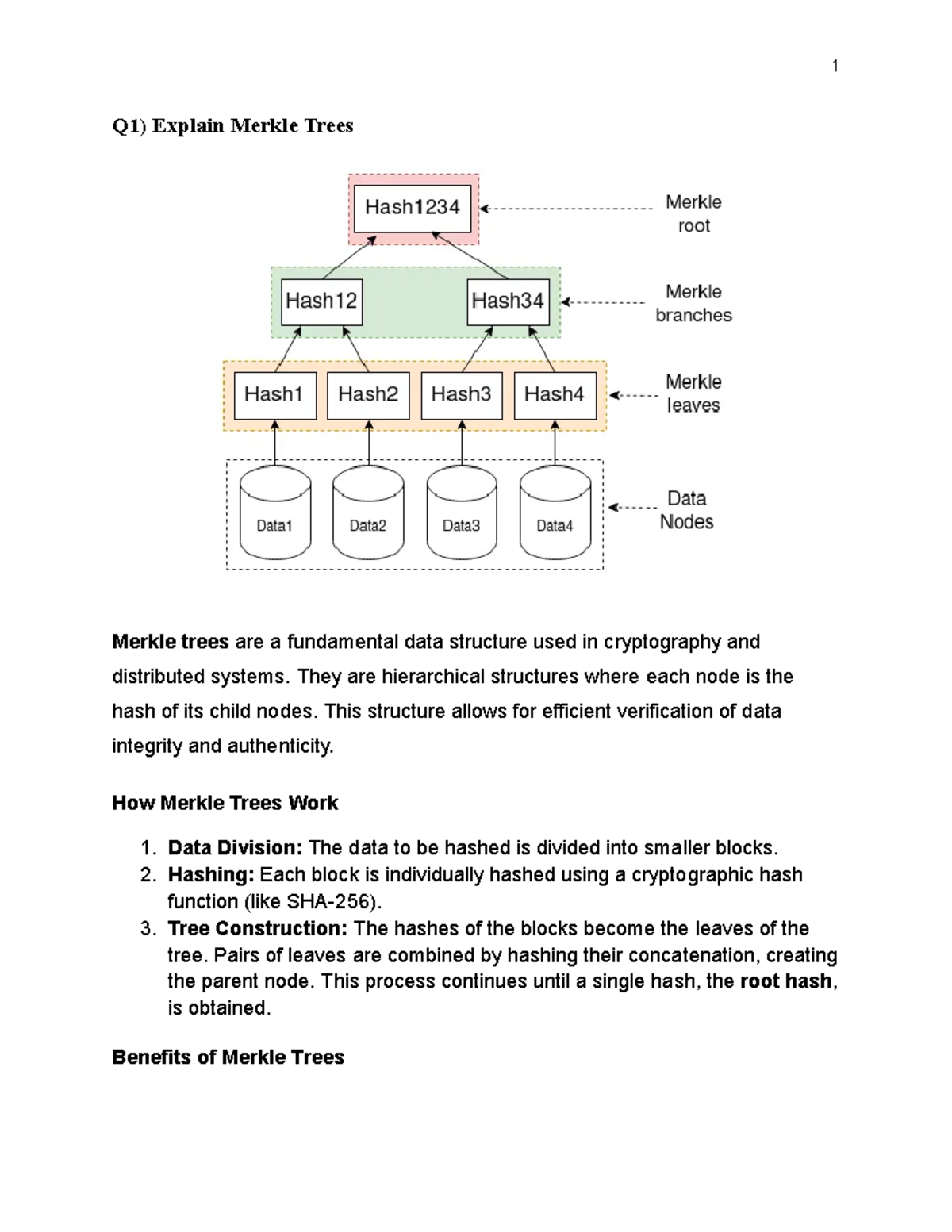 Block chain assignment 1-1 - Q1) Explain Merkle Trees Merkle trees are a fundamental data ...