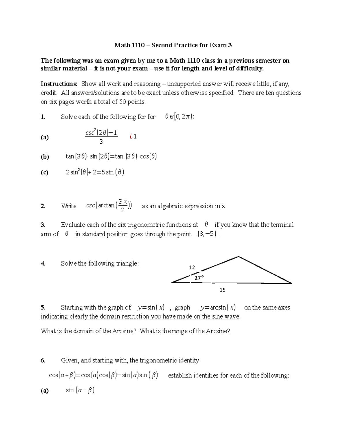 Second Practice for Exam 3 Fall 2021 - MATH 1110 - Douglascollege - Studocu