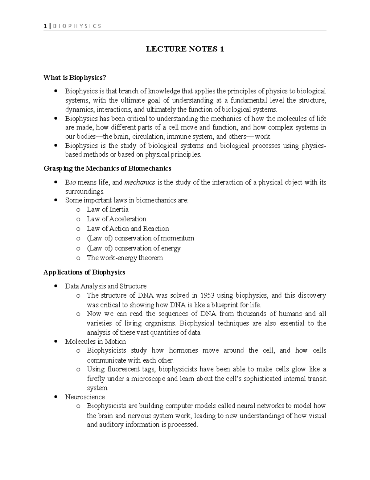 Lecture Notes 1 - 1 | BIOPHYSICS LECTURE NOTES 1 What is Biophysics ...