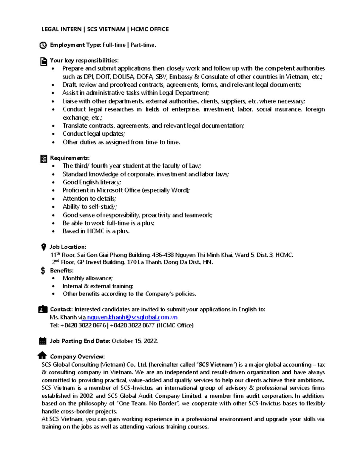 SCS Job Posting Legal Intern 2024 - LEGAL INTERN | SCS VIETNAM | HCMC ...