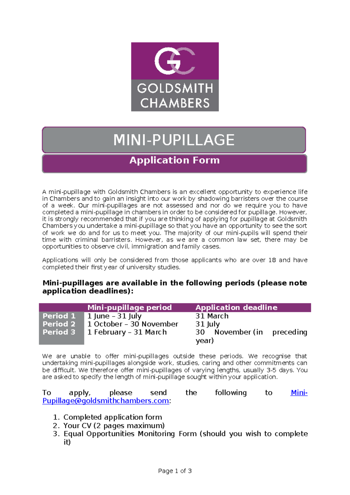 Goldsmith Chambers Mini Pupillage Application Form - A mini-pupillage ...