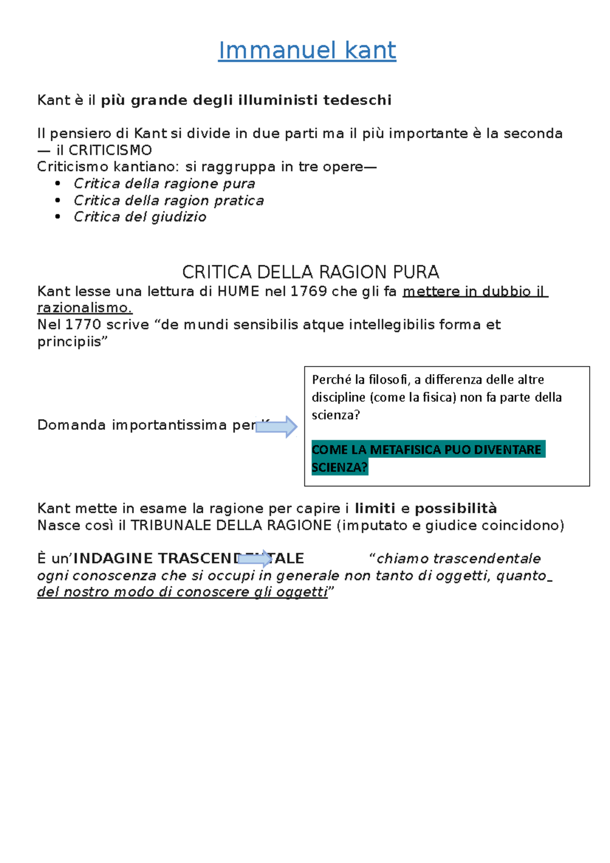 Schema 1 KANT - Immanuel kant Kant è il più grande degli illuministi ...