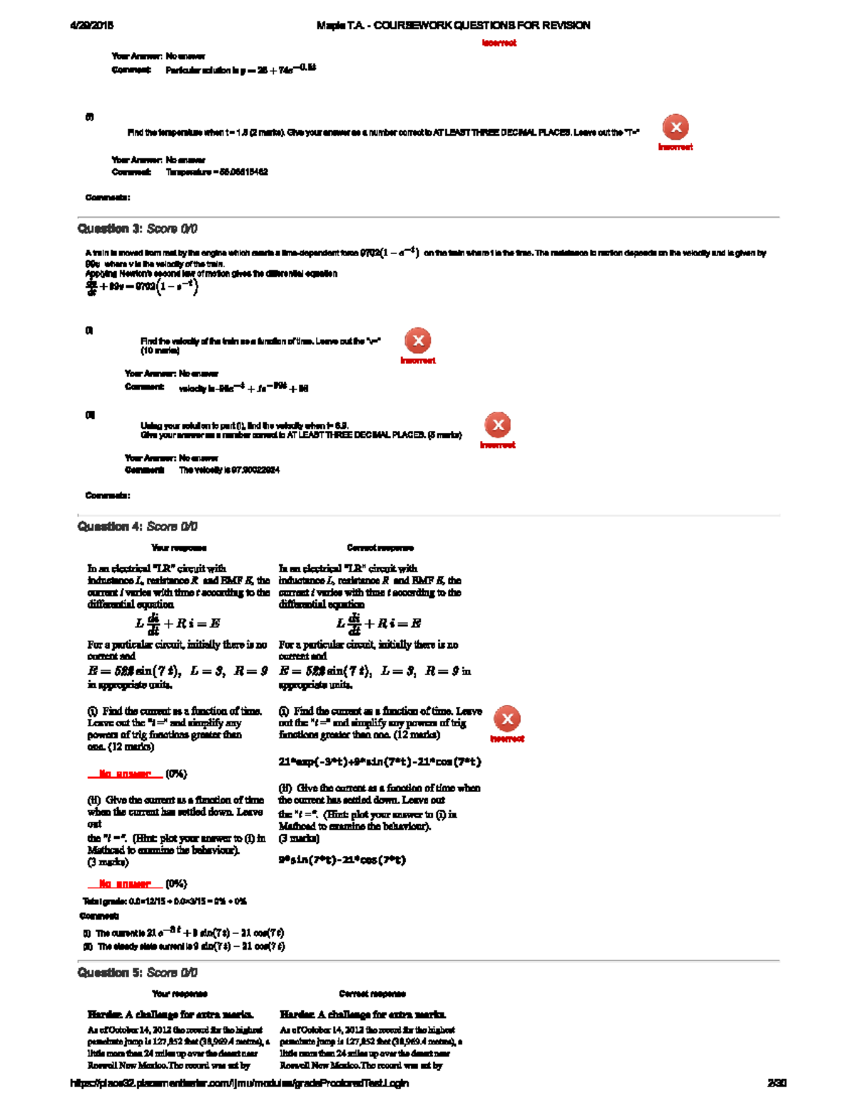 All Maple TA Coursework questions and answers Engineering Mathmatics 2 ...