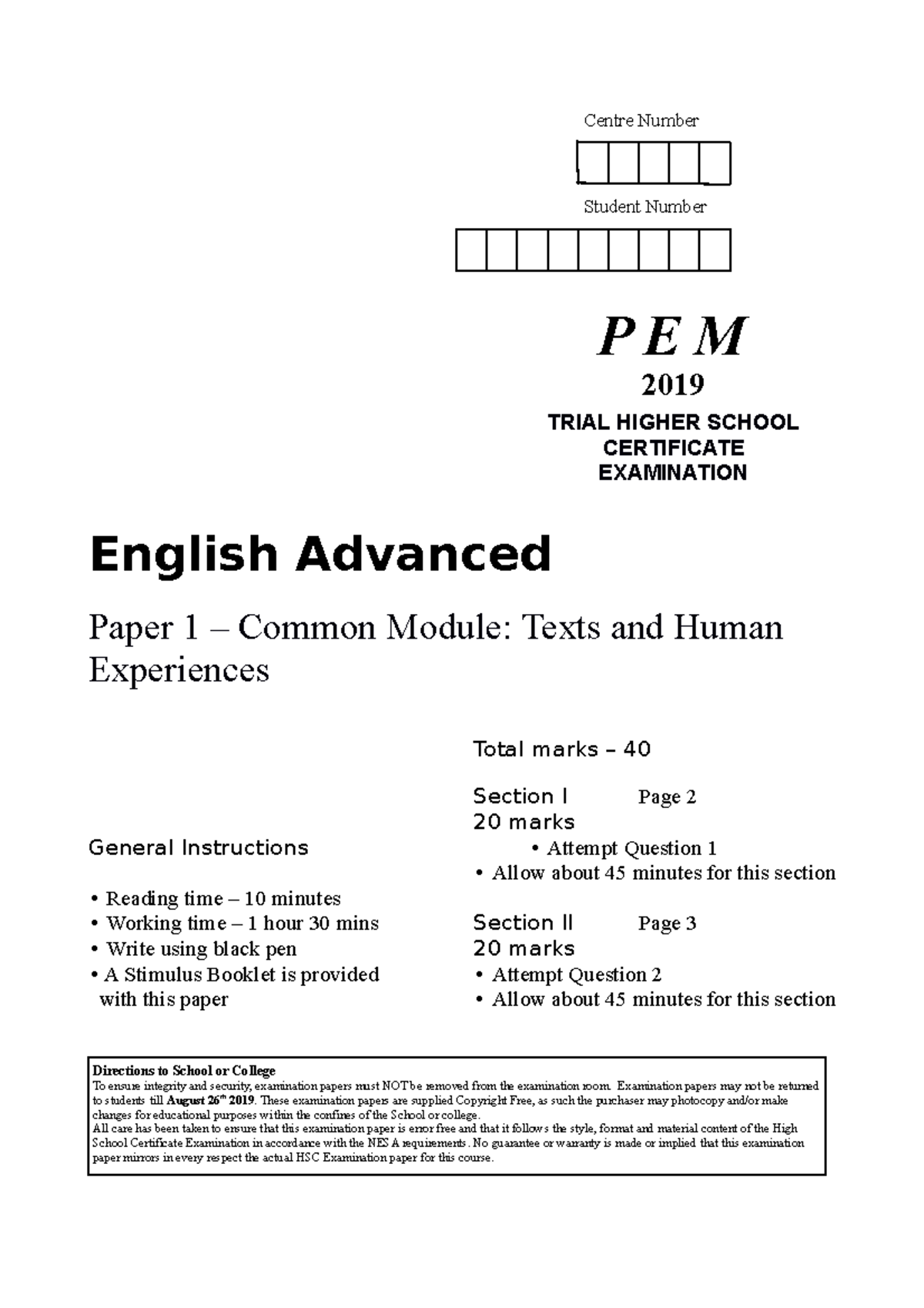 PEM 2019 English Advanced Paper 1 Trial HSC - Centre Number Student ...