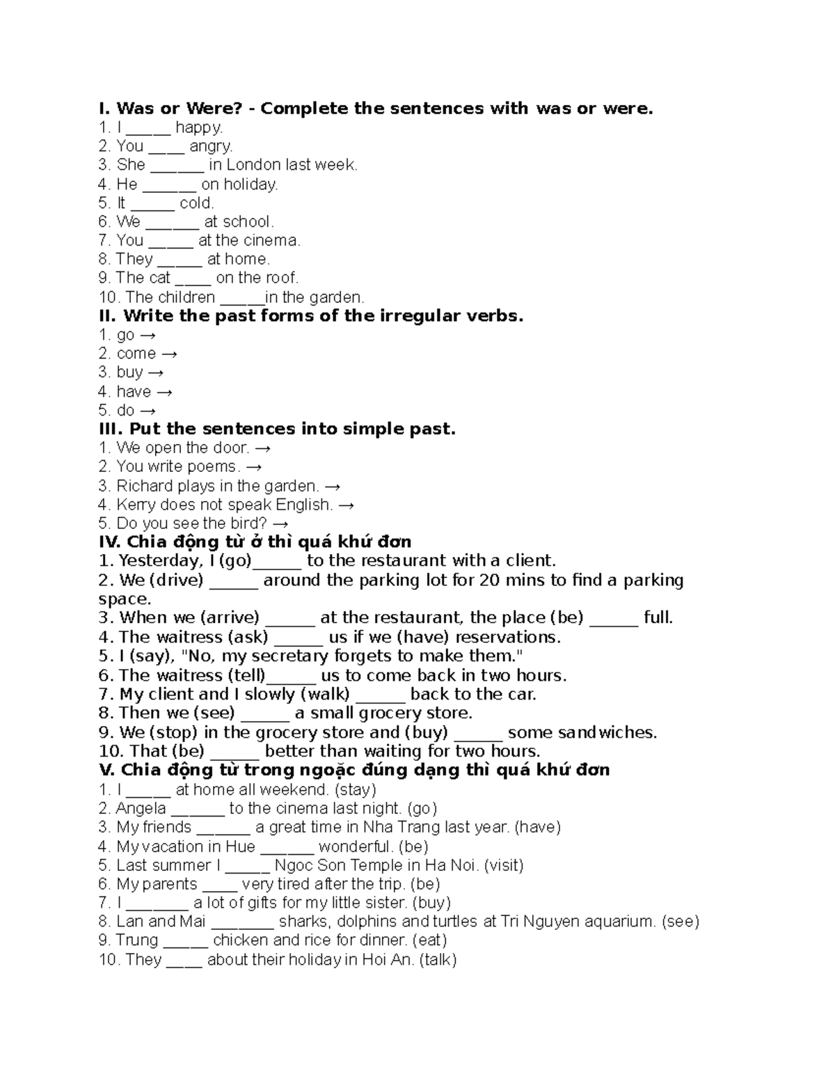 BT thì quá khứ đơn - A Abhgjcnjfn ghjfg gjj. Ghvgh ghjj ghjj - I. Was ...
