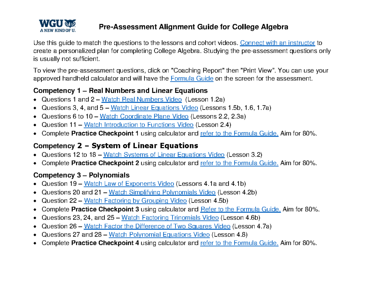 Pre-assessment Guide for College Algebra Pre-assessment - Pre ...
