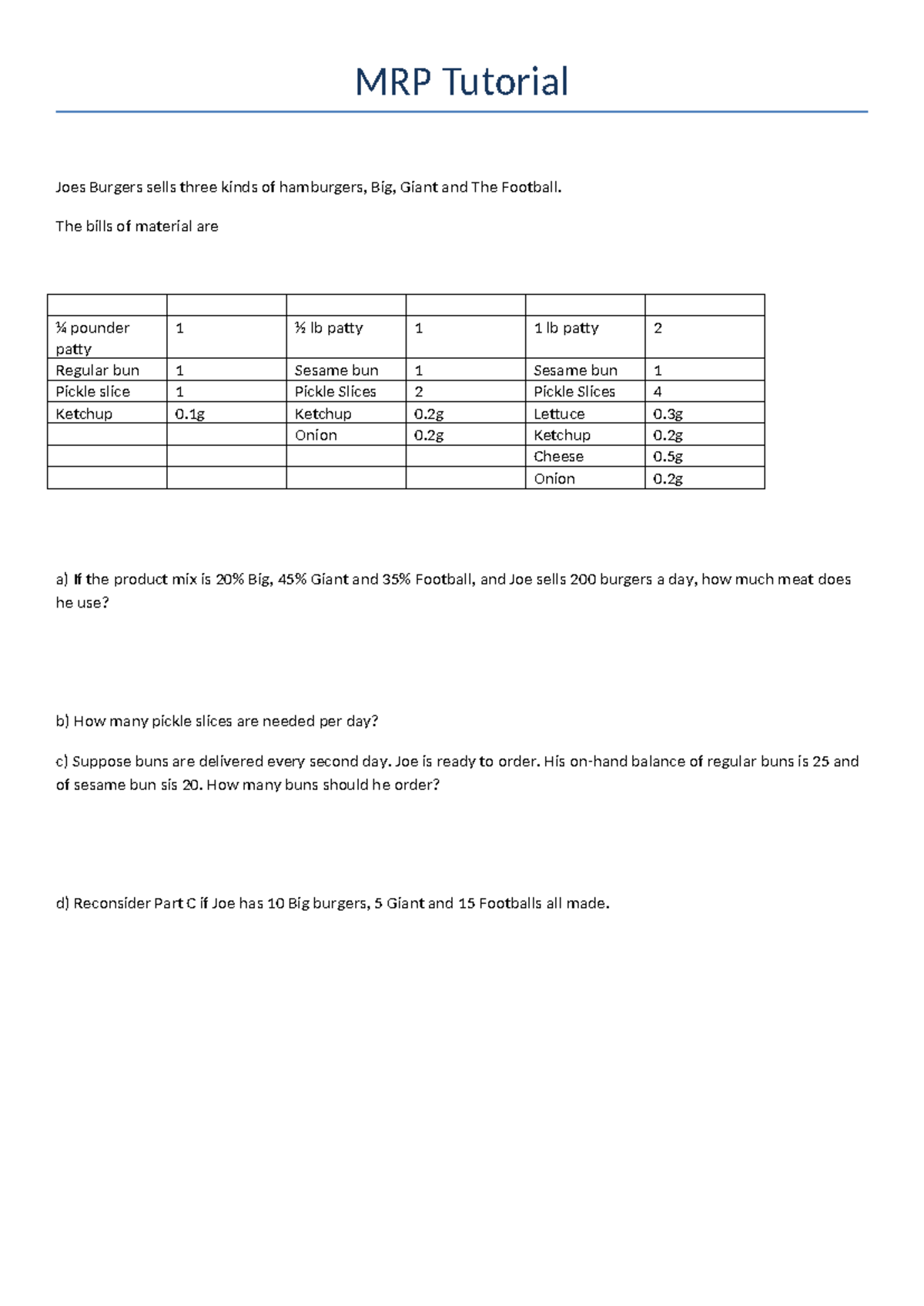 MRP Tutorial - MRP Tutorial Joes Burgers sells three kinds of ...