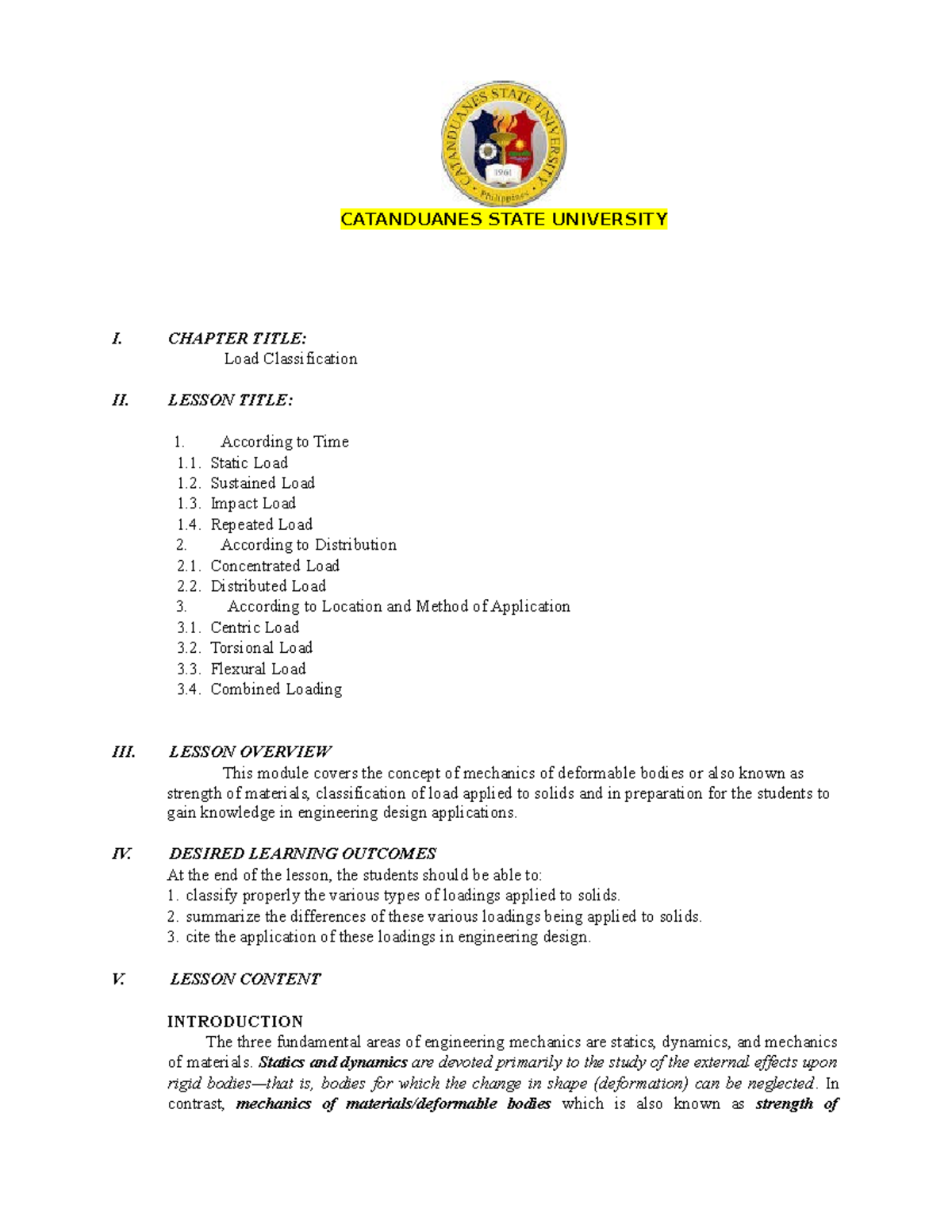 Lesson on Load Classification - I. CHAPTER TITLE: Load Classification ...