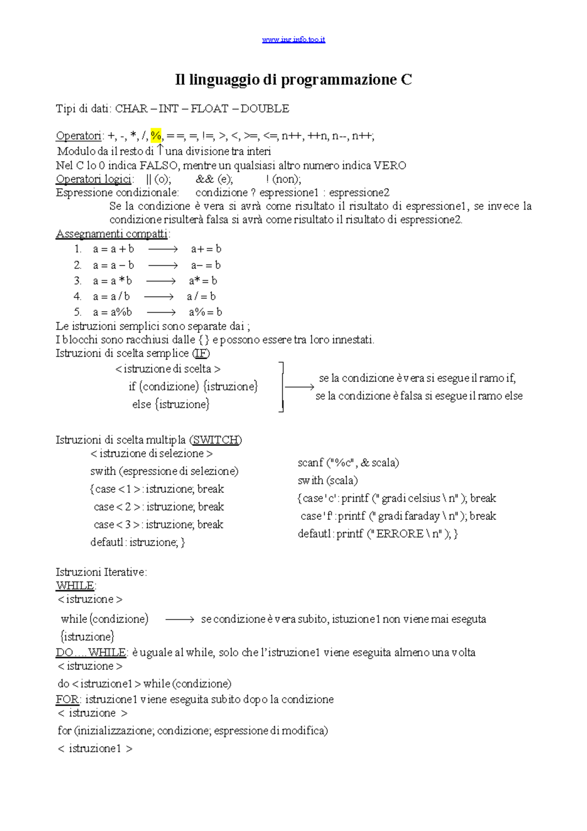 Riassunto C - Appunti 1-2 - ing.info.too Il linguaggio di ...
