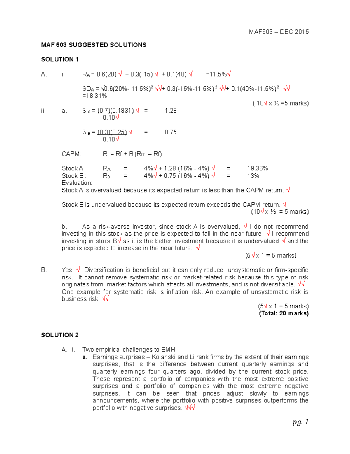 MAF603 2015 December Solution - MAF 603 SUGGESTED SOLUTIONS SOLUTION 1 ...