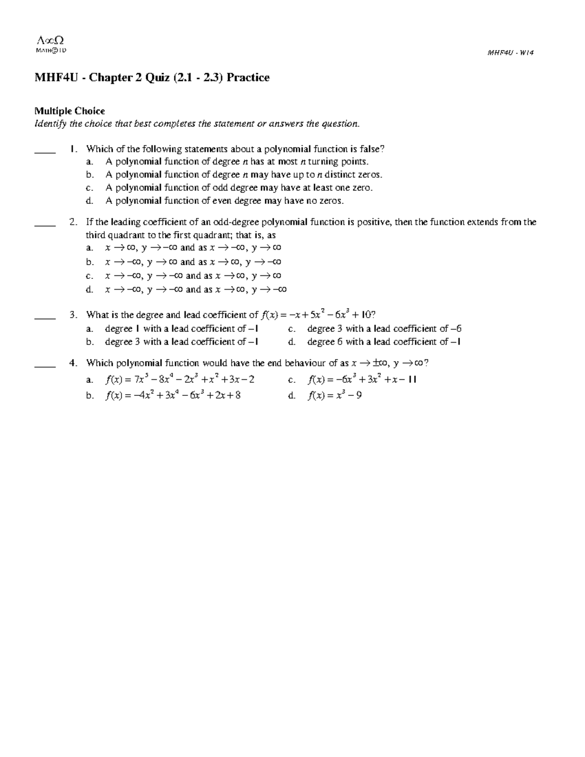 Characteristicsofpolynomialsmc - MHF4U - W MHF4U - Chapter 2 Quiz (2 - 2) Practice Multiple ...