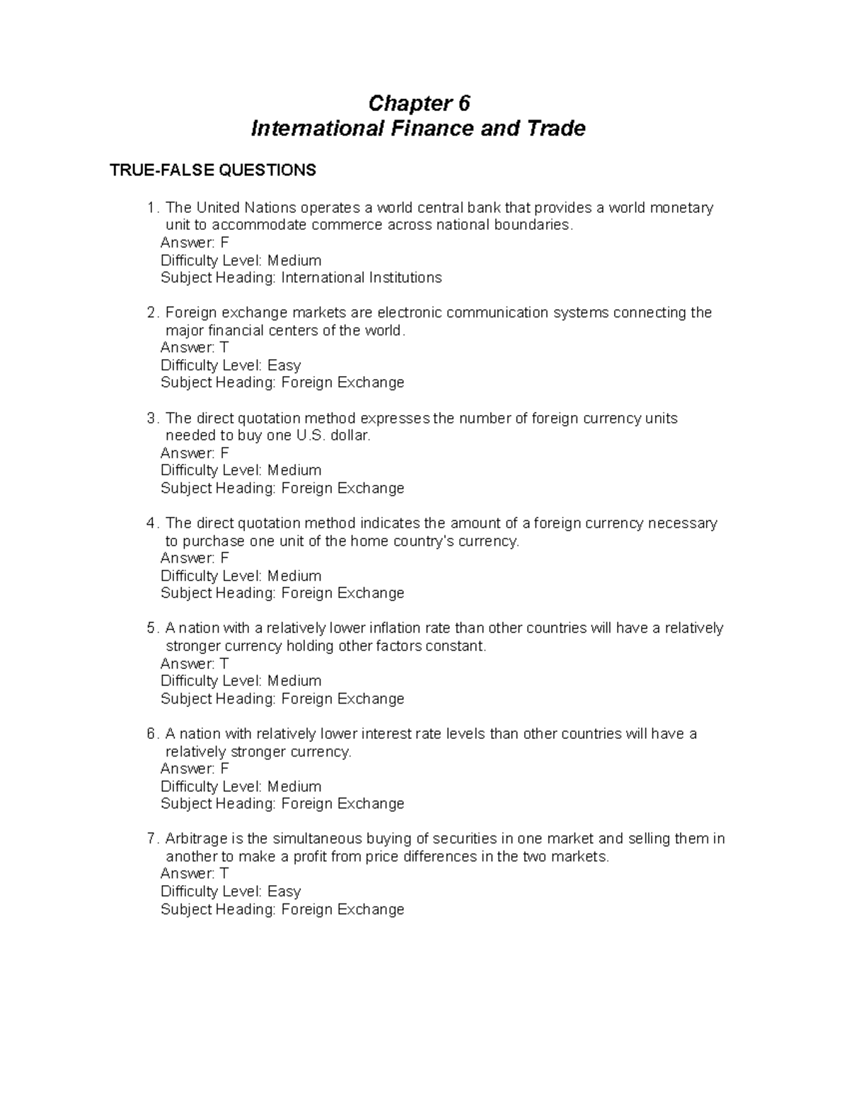 Ch06 - ITF Exam answers - Chapter 6 International Finance and Trade ...