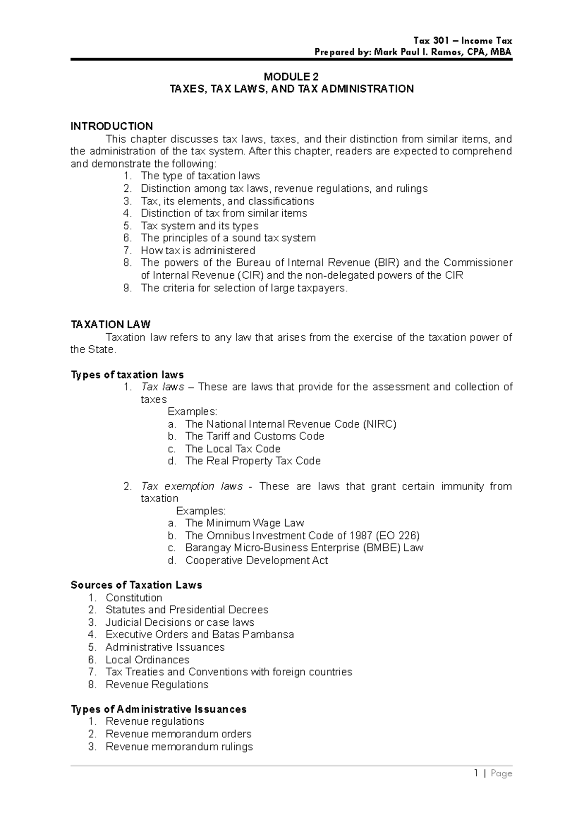 Module 2 Taxes Tax Law and Tax Administration - Prepared by: Mark Paul ...