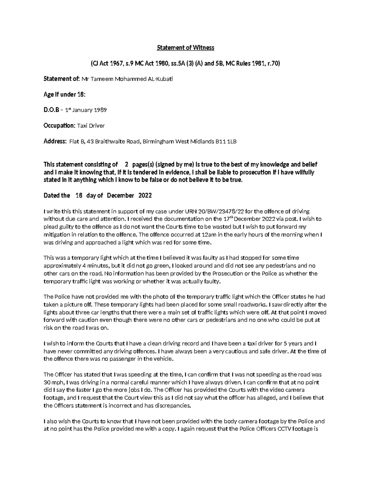 S9 Statement of Tameem - Statement of Witness (CJ Act 1967, s MC Act ...