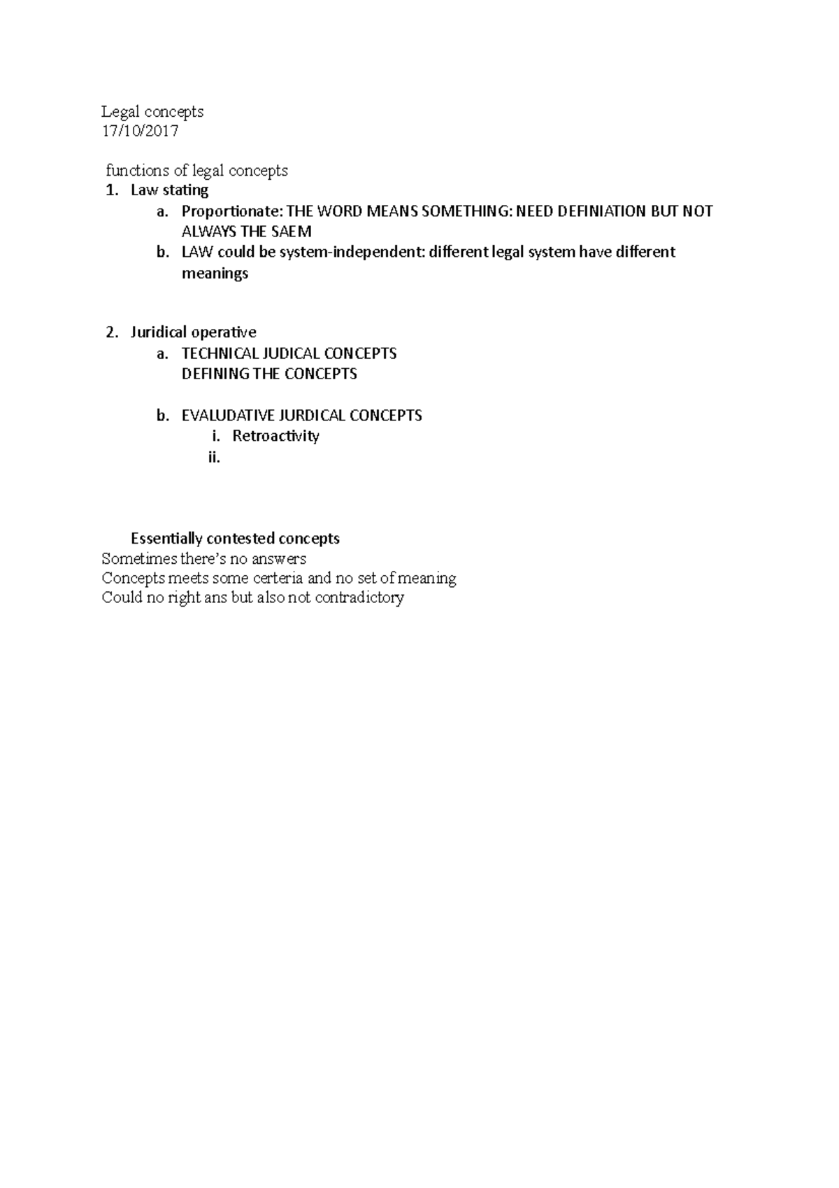 Lect 1 - Lecture notes 1 - Legal concepts 17/10/ functions of legal ...