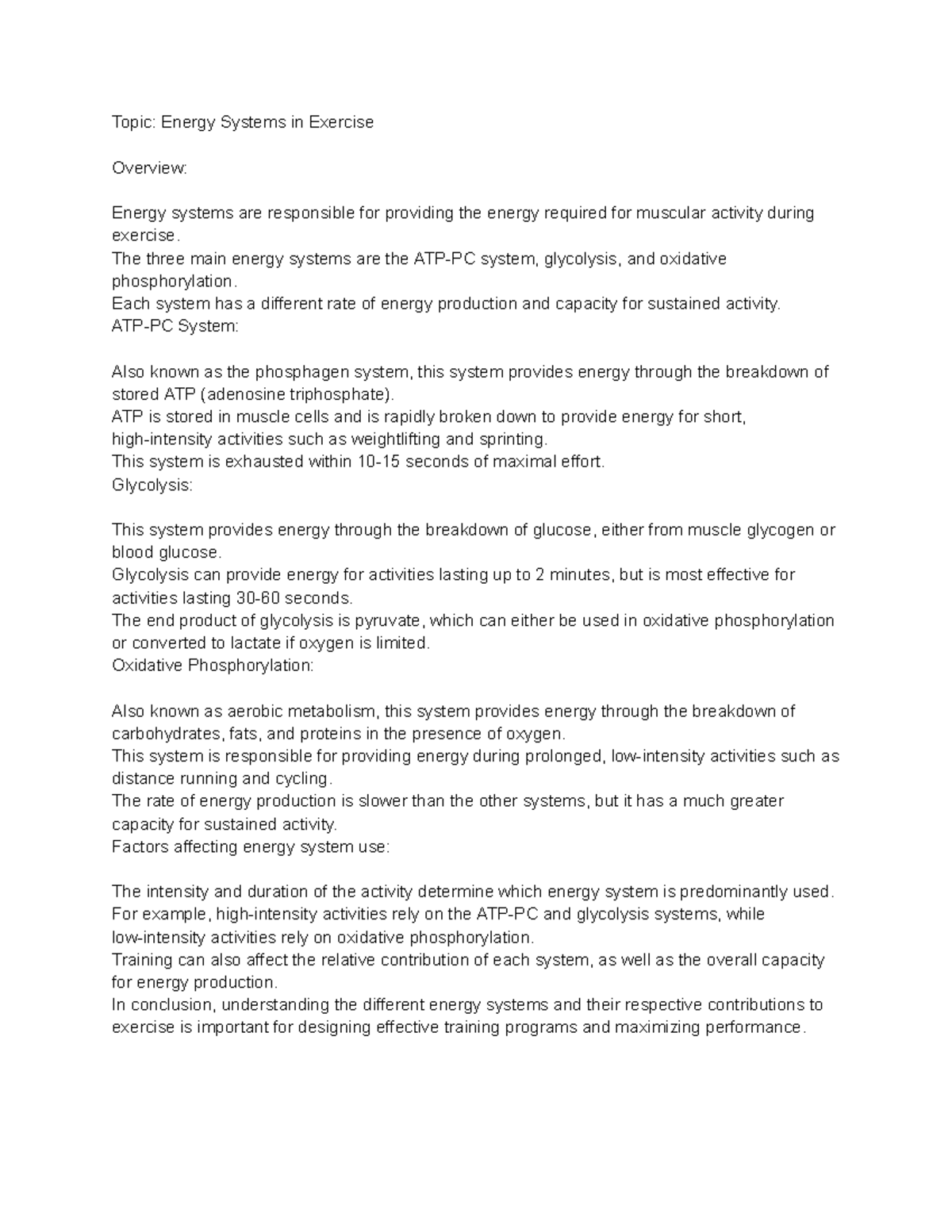 Topic Energy Systems in Exercise - Topic: Energy Systems in Exercise ...