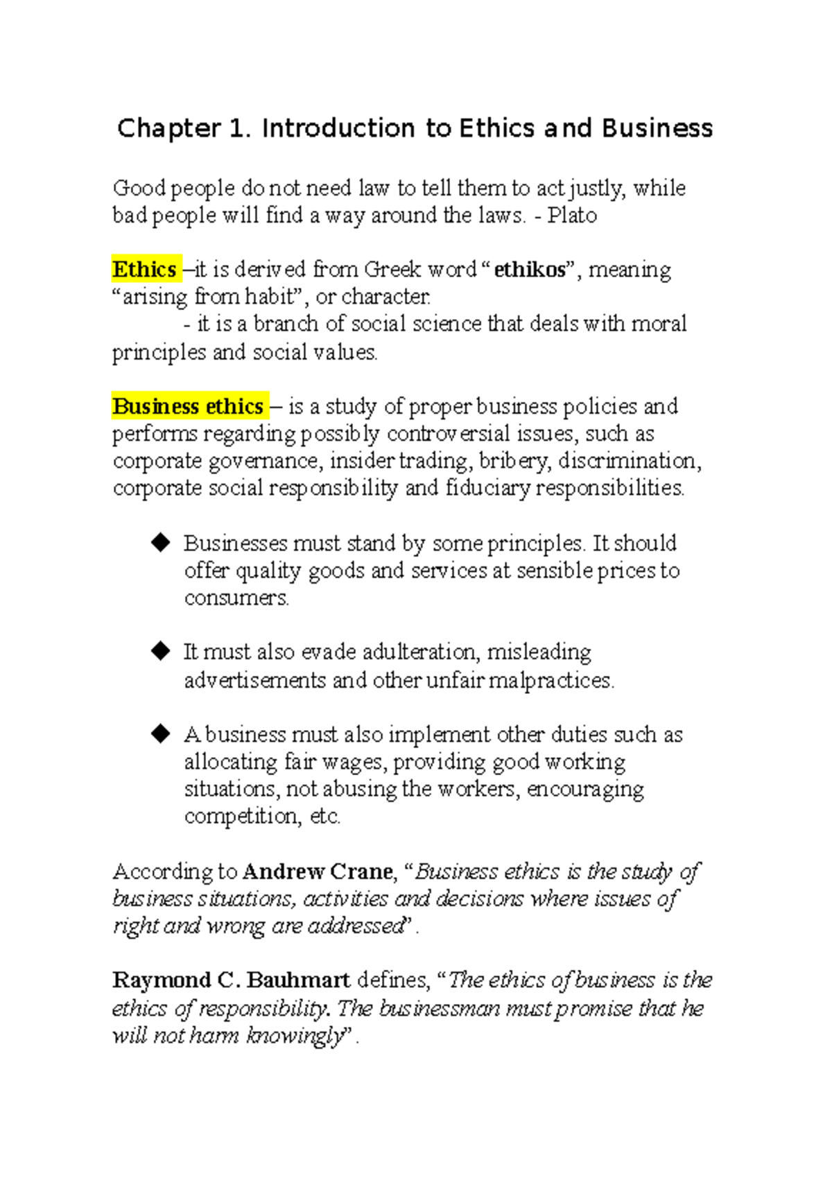 Ethics 1 Ethics Chapter 1 Introduction To Ethics And Business Good