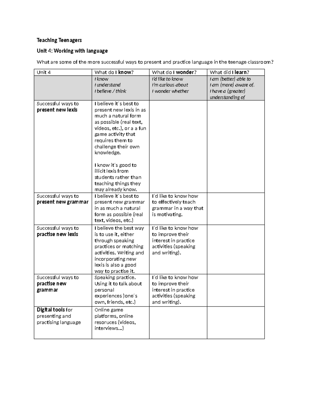 Unit 4 KWL Chart 2 - Teaching Teenagers Unit 4: Working with language ...